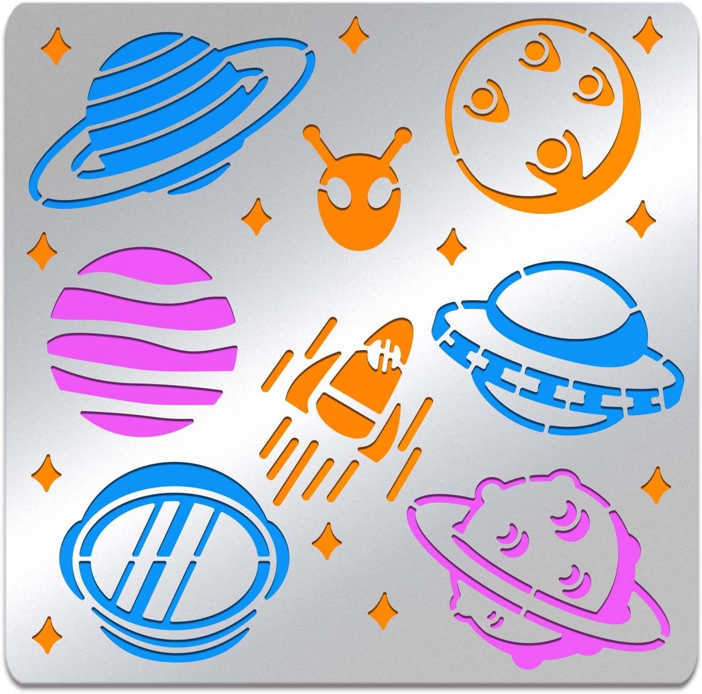 Space Theme Metal Stencil Square Stainless Steel Planet Aliens Rockets ...