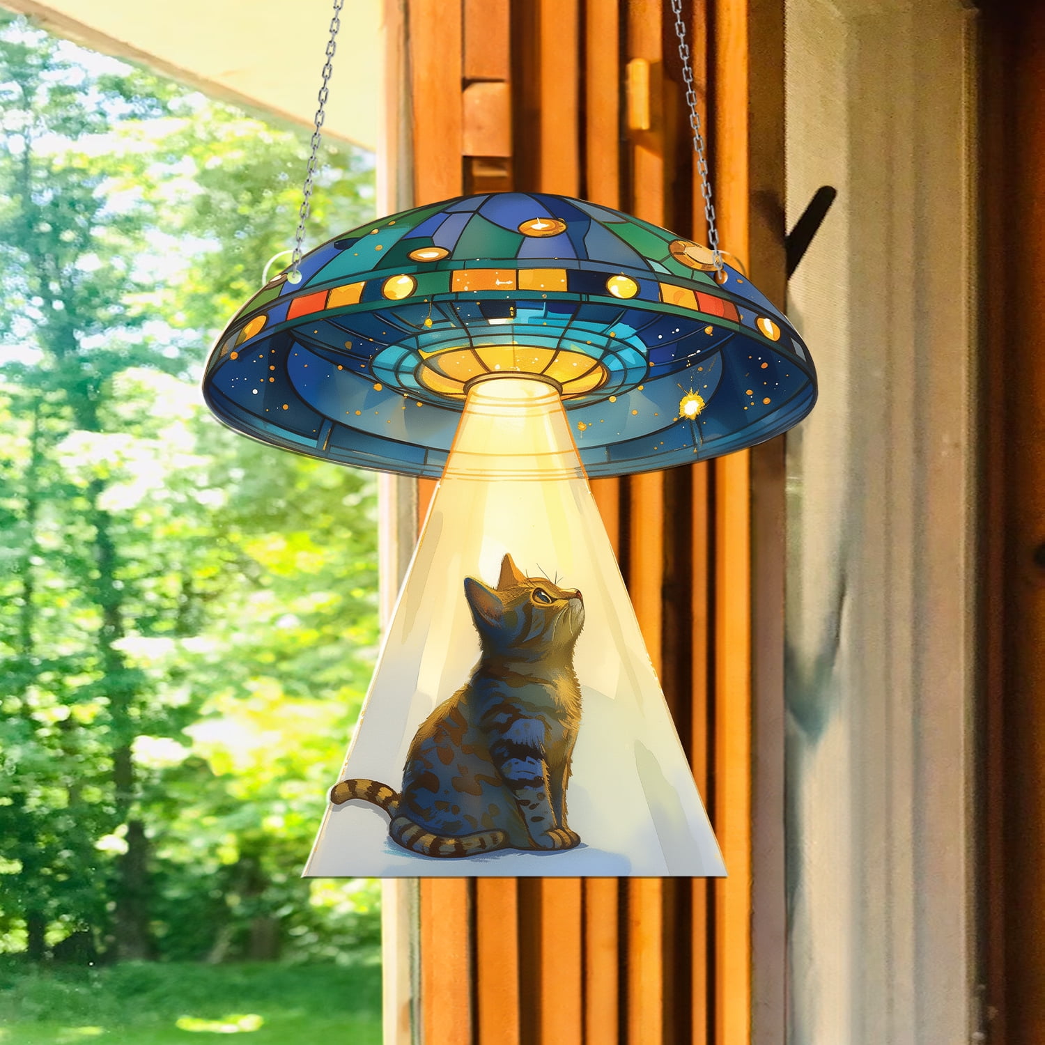 Space-Themed Cat Acrylic Hanging Lamp - 2D Stained Glass Style with UFO ...