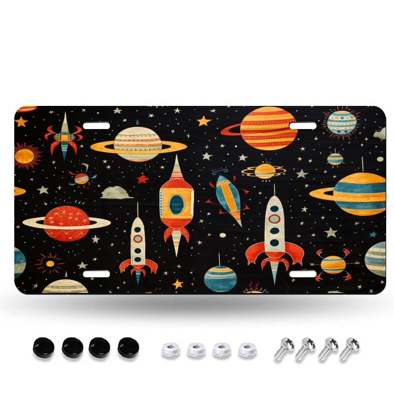 Space - Themed Pattern with Planets, Rockets and Stars License Plate ...