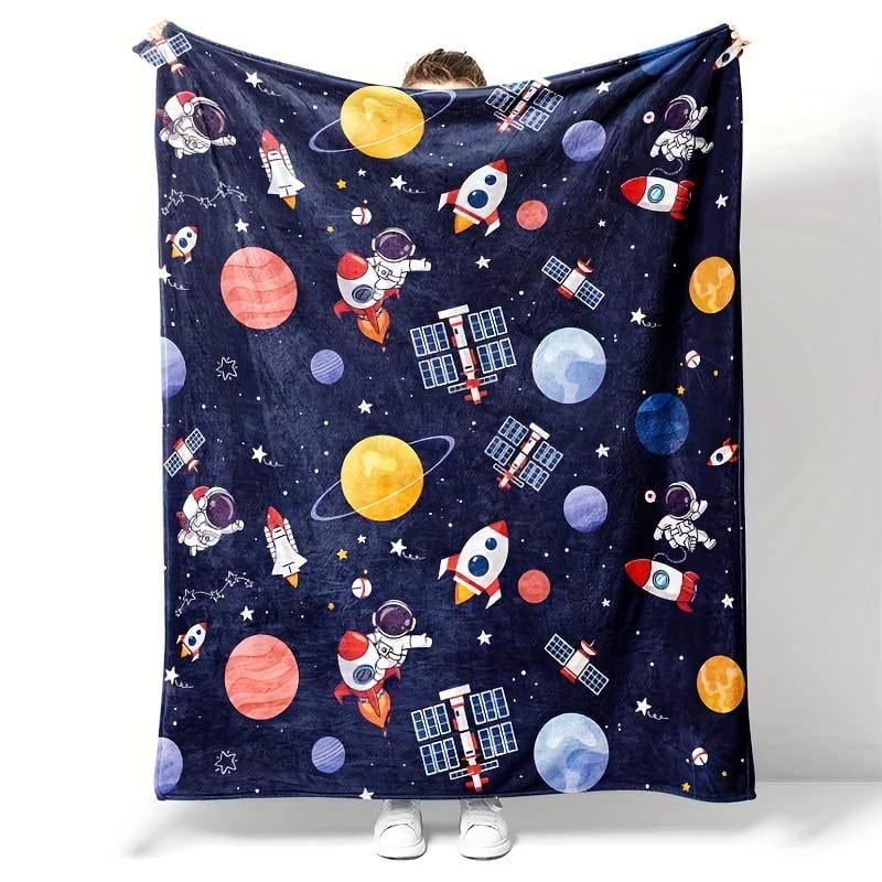 Space-Themed Plush Fleece Blanket - Navy Blue with Colorful Rockets ...