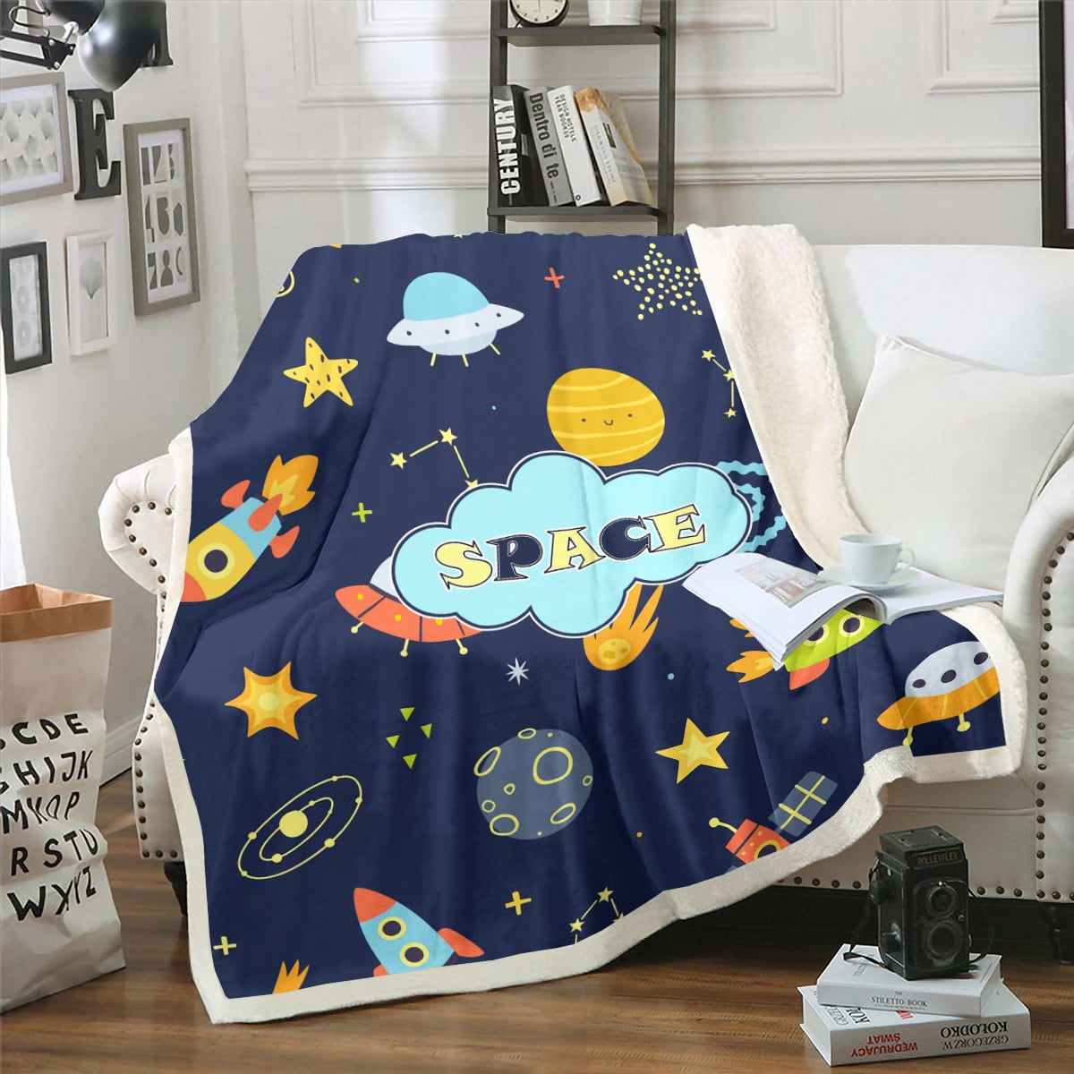 Space Throw Blanket Cartoon Rocket Ship Blanket Universe Themed Fleece ...