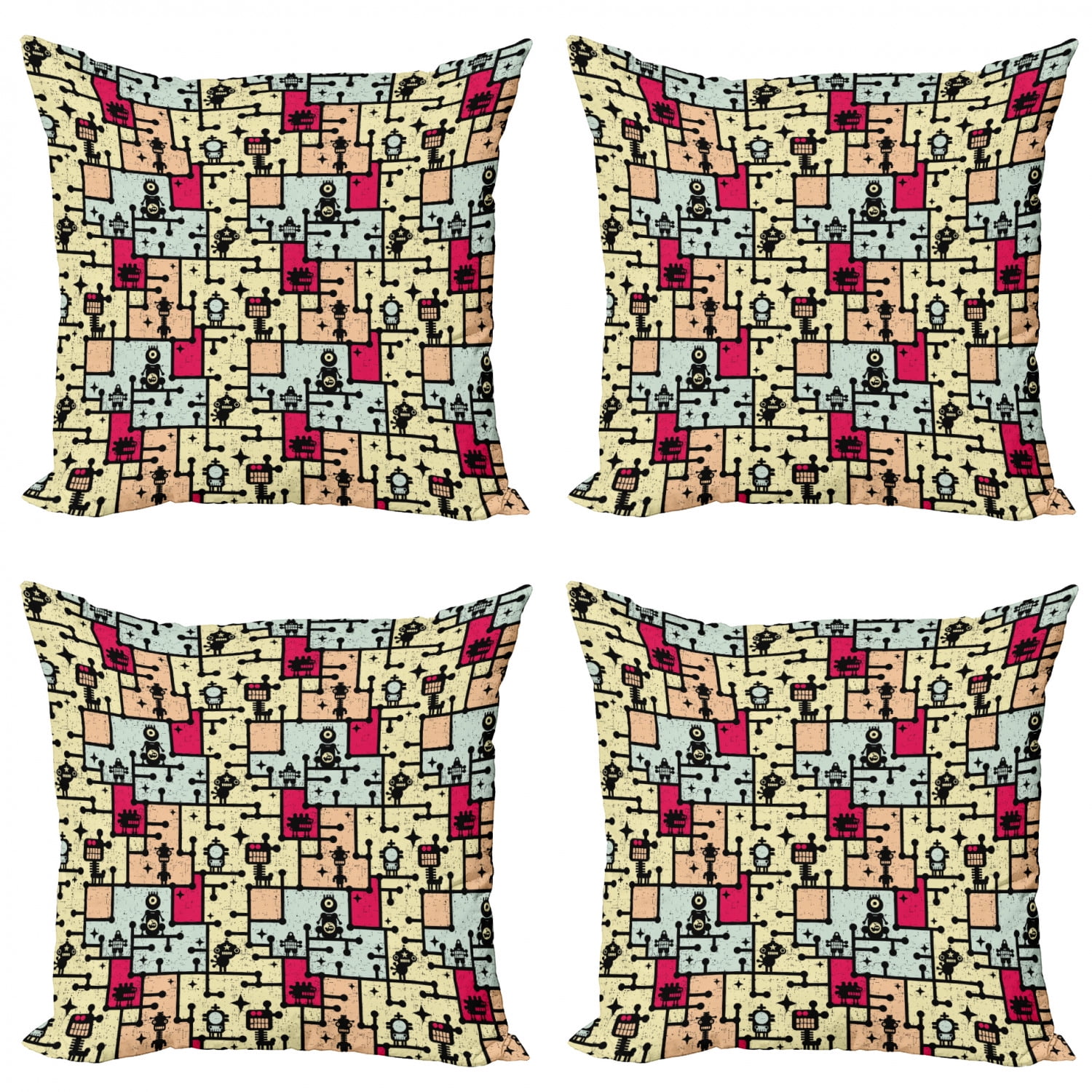 Ambesonne Space Throw Pillow Cover 4 Pack, Robots on Grid Squares, 18 ...