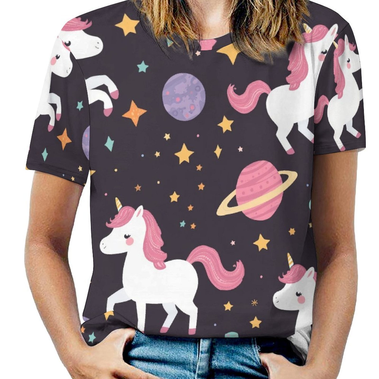 Space Unicorns Cute Pattern T Shirt Women Short Sleeve Overd Tee Shirt Clothes Birthday Present ...