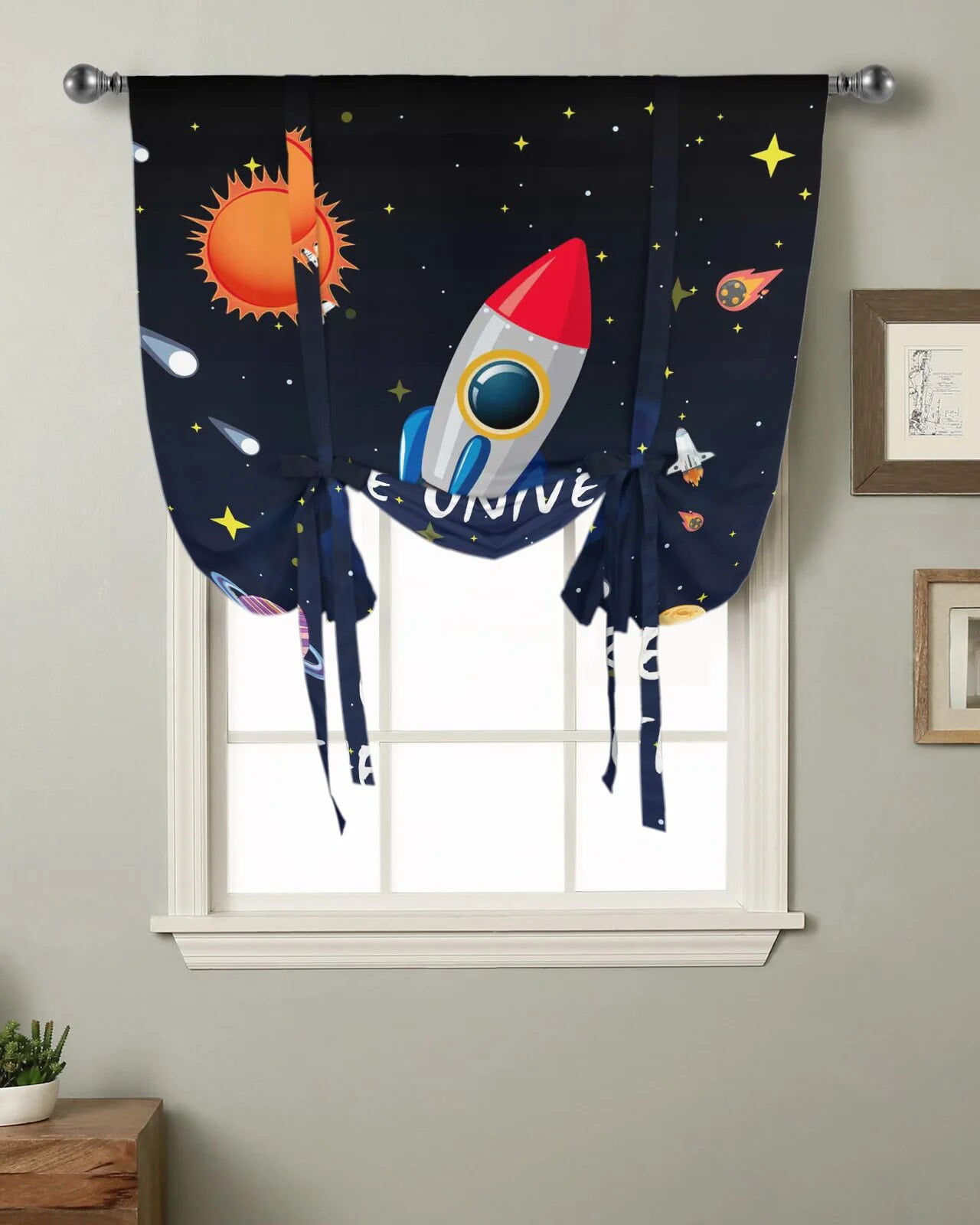 Space Universe Planet Rocket Kitchen Short Window Curtain Rod Pocket ...