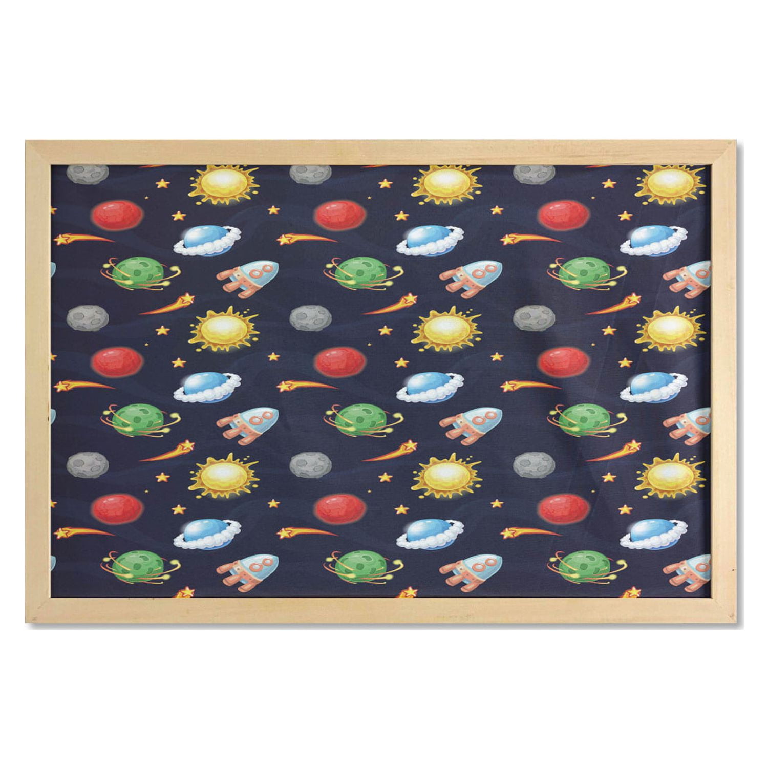 Space Wall Art with Frame, Cartoon Style Cosmos Themed Illustration Sun ...