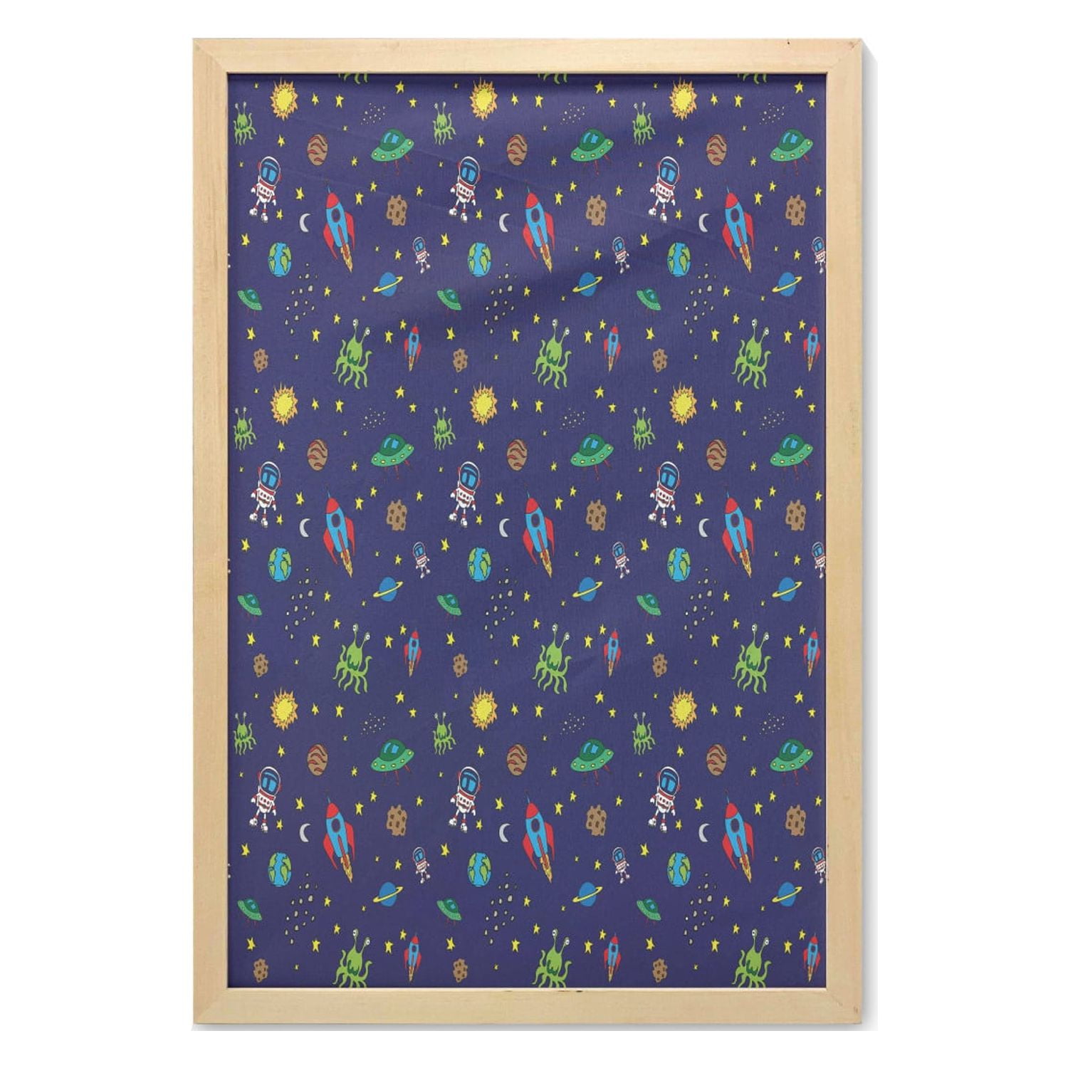 Space Wall Art with Frame, Doodle Style Cartoon Rocket Astronaut and ...