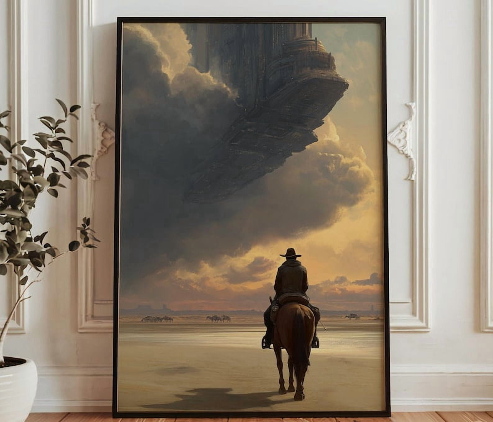 Space Western Desert Ride Art Sci-Fi Cowboy on Horse Beneath Massive ...