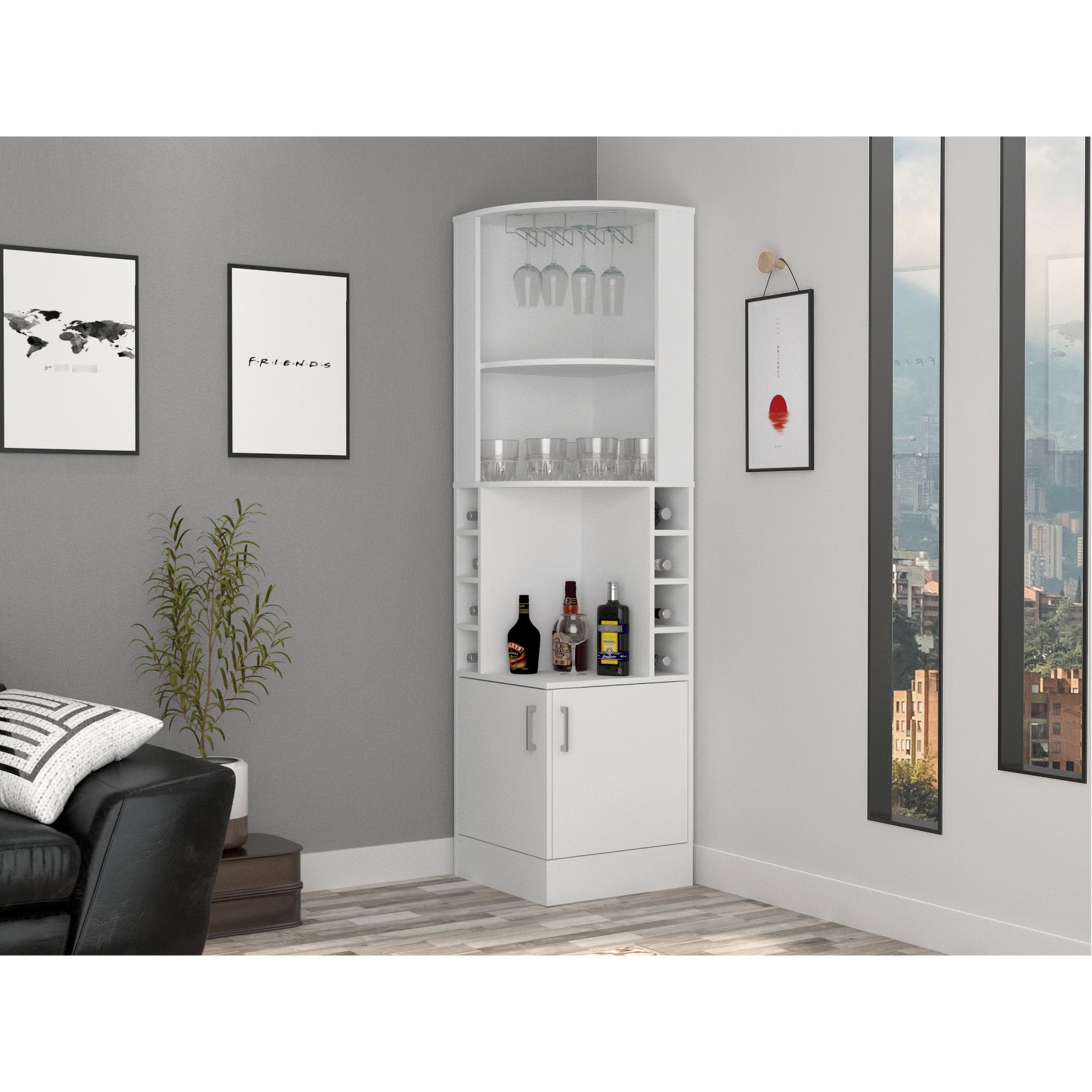 Space - efficient White Corner Bar Cabinet | Features Multiple Storage ...