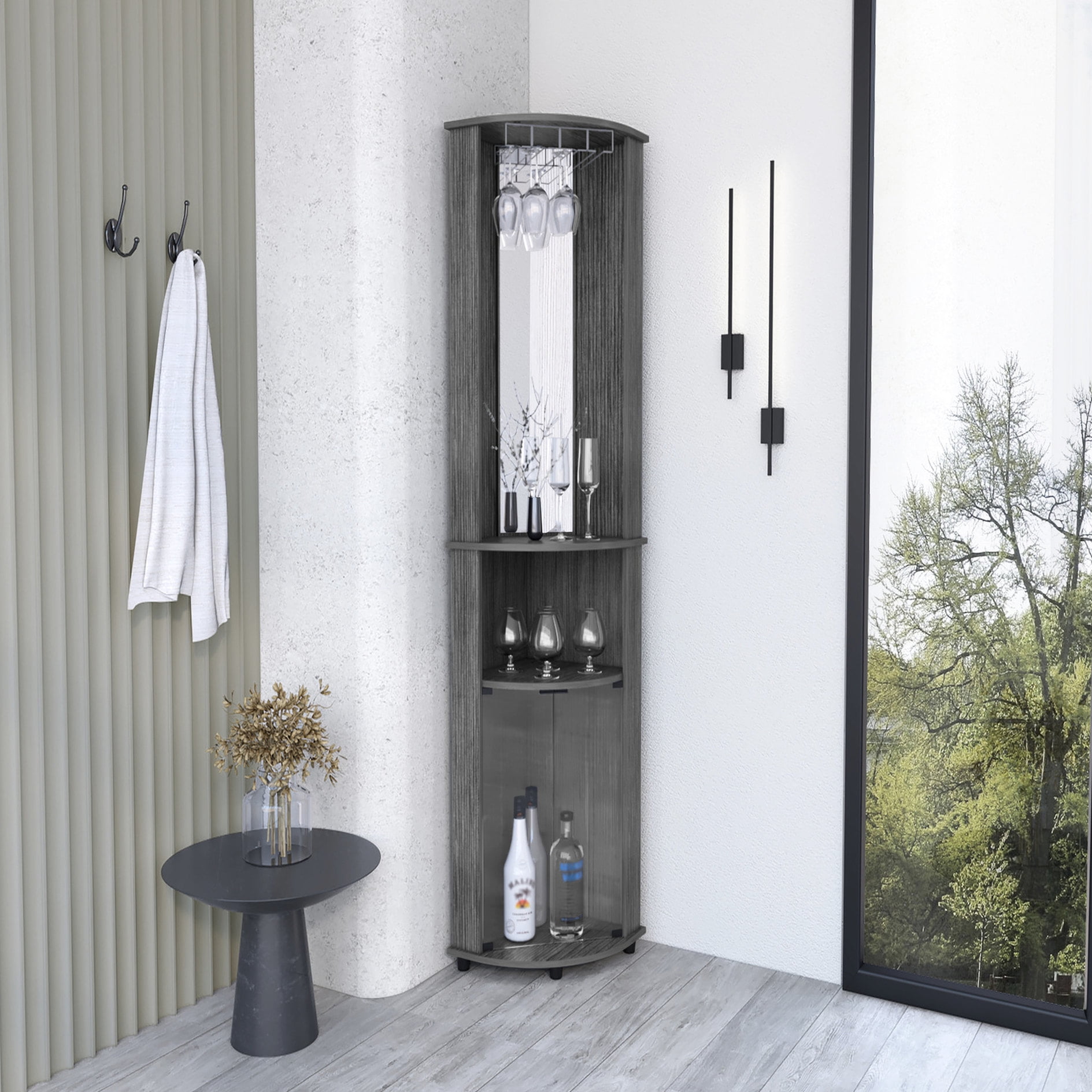 Space - efficient home corner bar with large mirror and twin glass ...