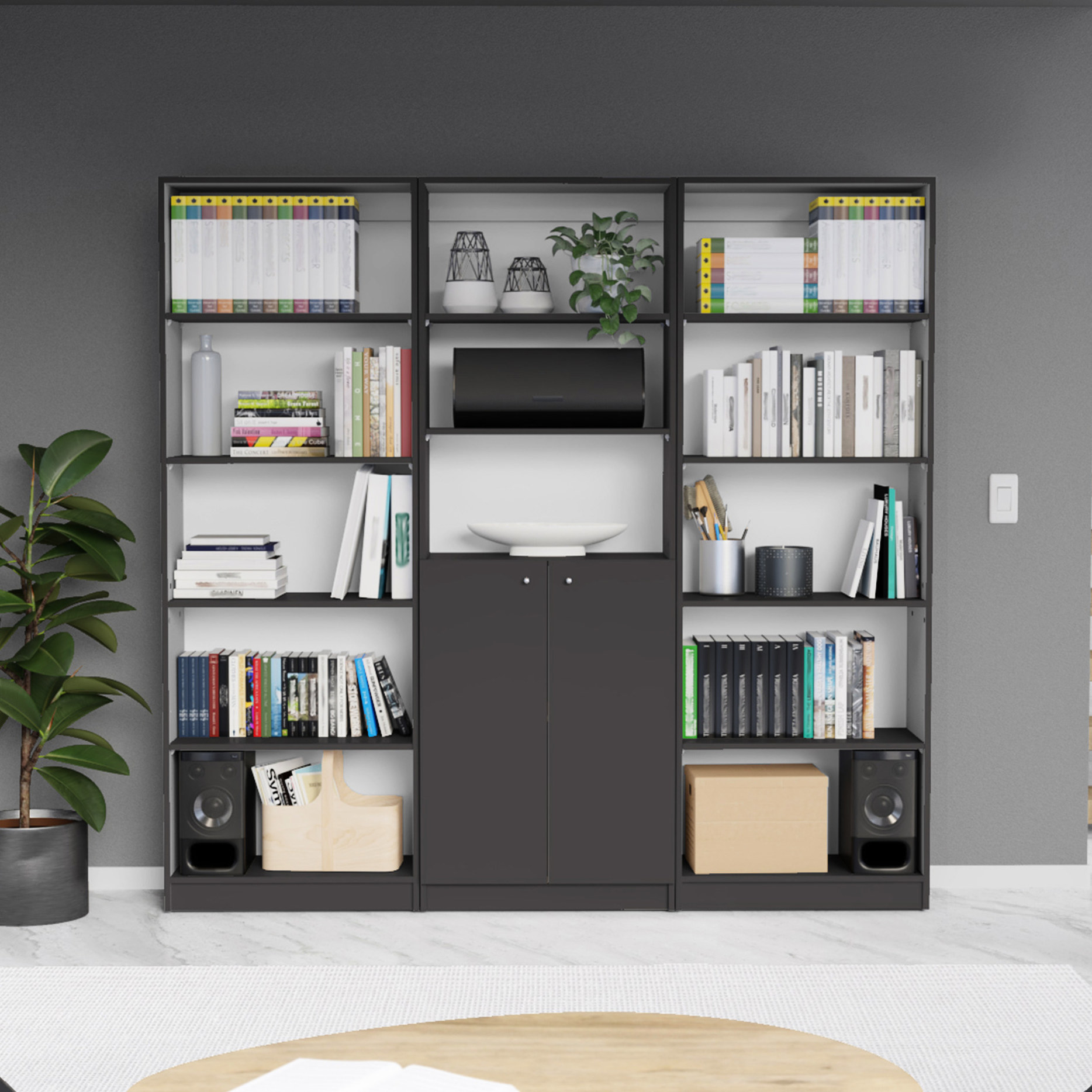 Space-saving 3-piece bookcase set with 13 shelves 2-door cabinet for ...
