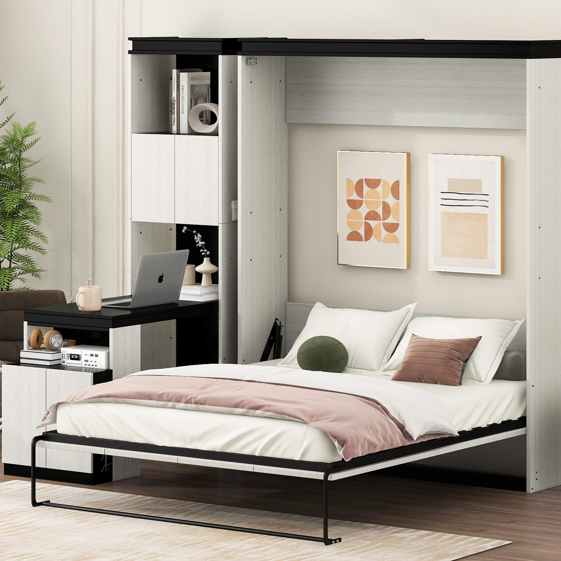 Space-saving Bed In Black+white With Desk And Storage Units Full Size ...