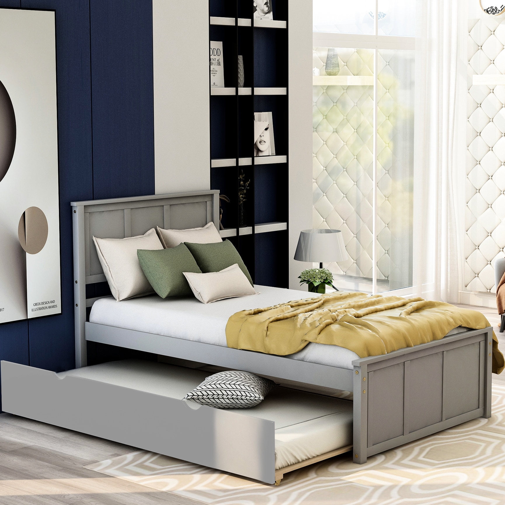 Space - saving Trundle & Solid Wood - MDF Twin Gray Platform Bed for ...