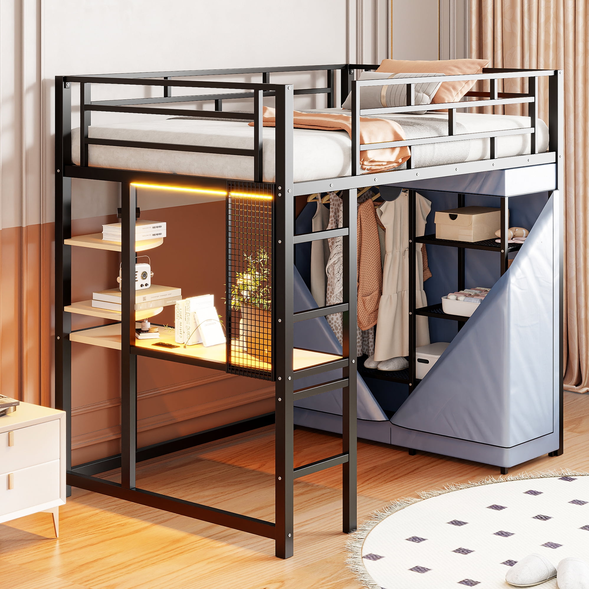 Space-saving Twin Loft Metal Bed With Desk, Shelf Systems, Electrical ...