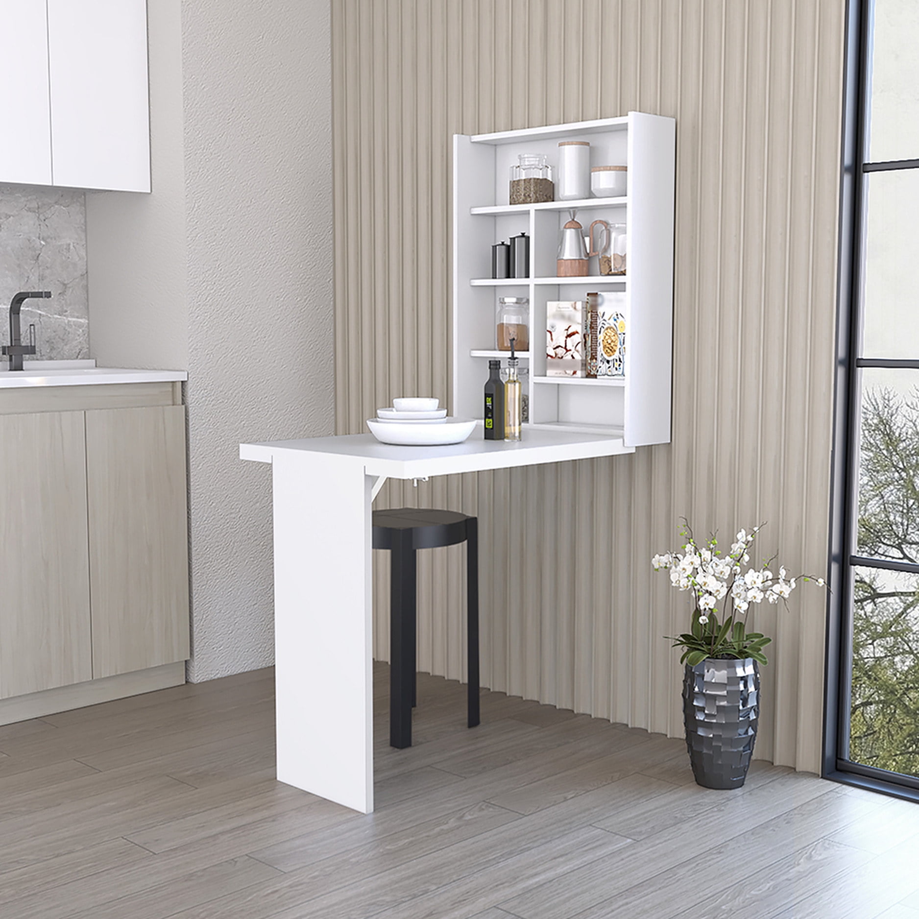 Space - saving white foldable table with seven different size shelves ...
