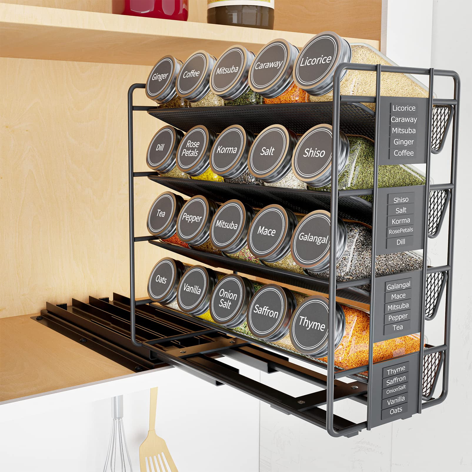 SpaceAid Pull Out Spice Rack Organizer with 20 Jars, Heavy Duty Slide Out Seasoning Organizer ...