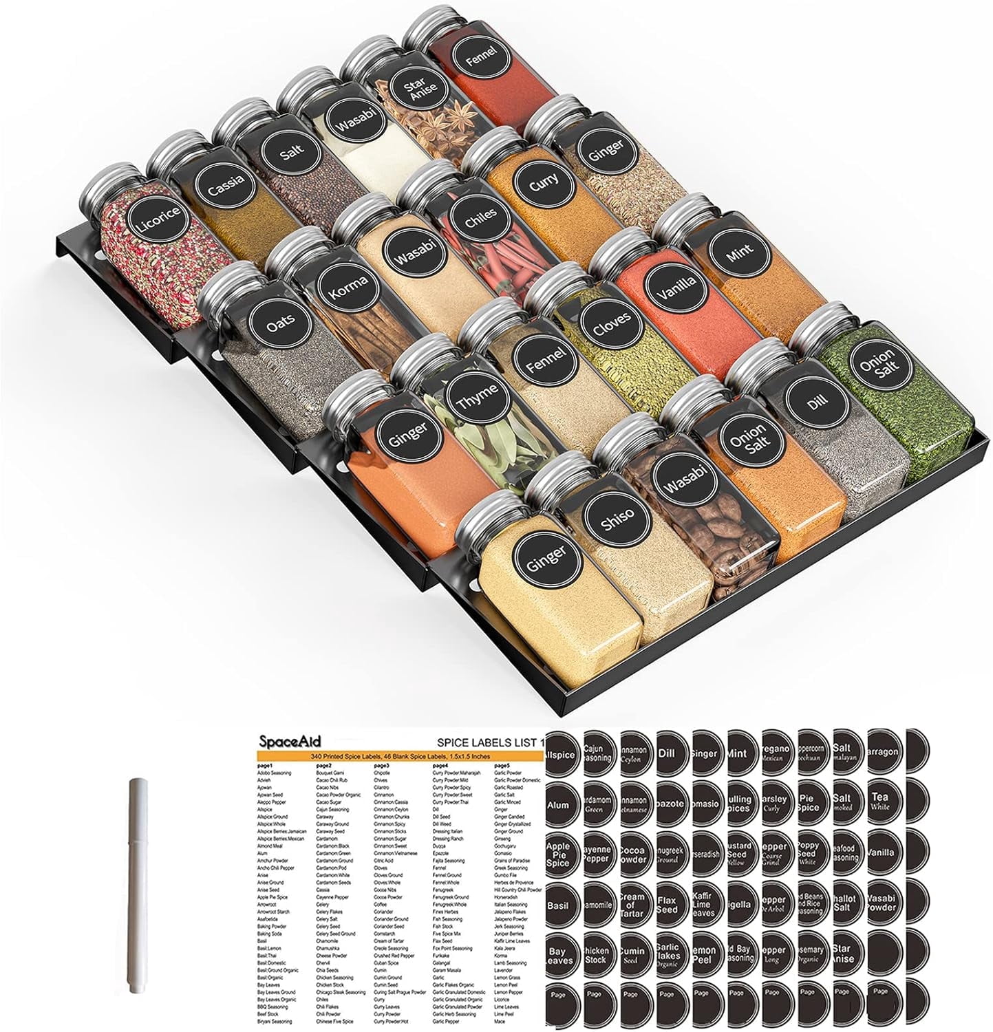SpaceAid Spice Drawer Organizer with 24 Spice Jars, 4-Tier, 11.25" W x ...