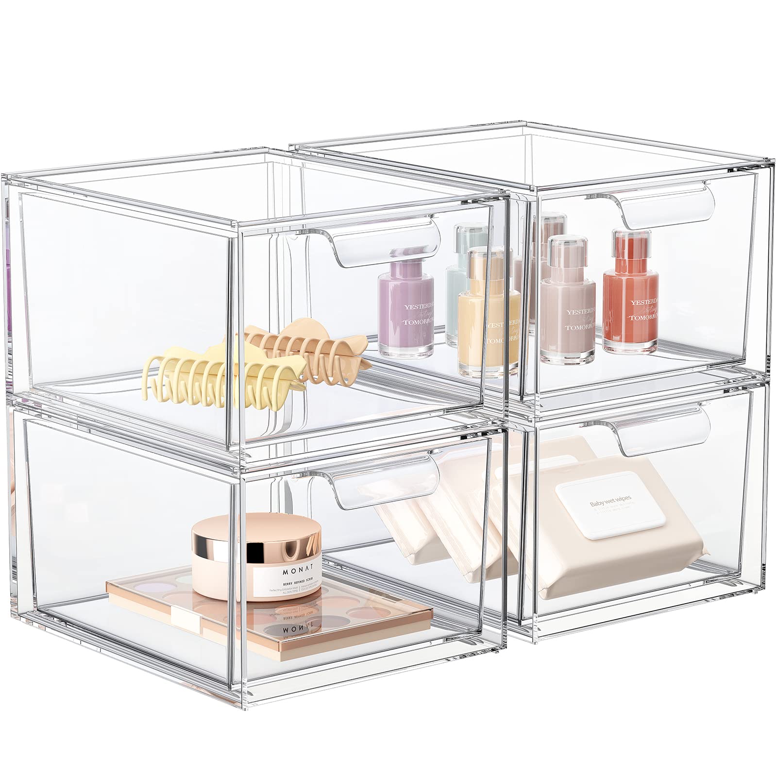 SpaceHacks 4 Pack Stackable Makeup Organizer and Storage, Acrylic ...