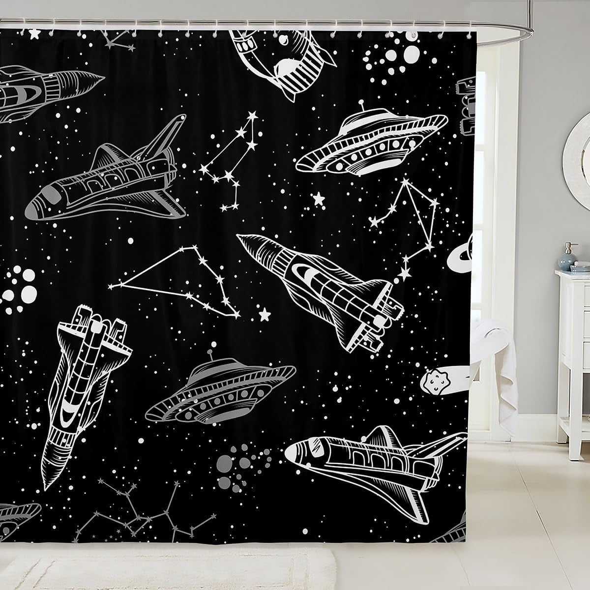 Spacecraft Shower Curtain Kids Boys Black White Starry Galaxy Universe ...