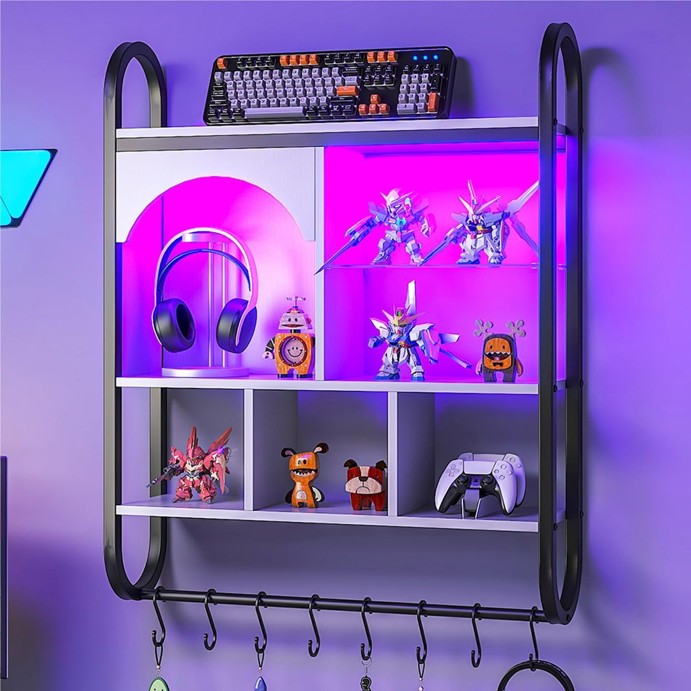 Spacesea 34" Gaming Floating Shelves with LED Lights, 3-Tier Display ...
