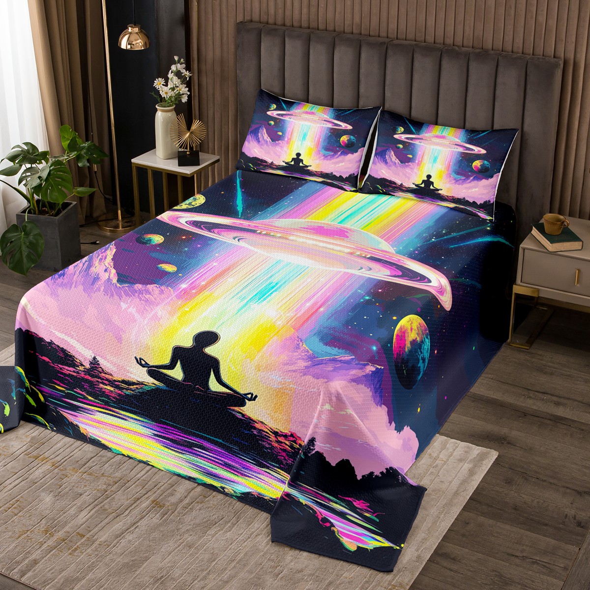 Spaceship Bedspread Set Outer Space Quilt Setwatercolor Spaceship Twin ...