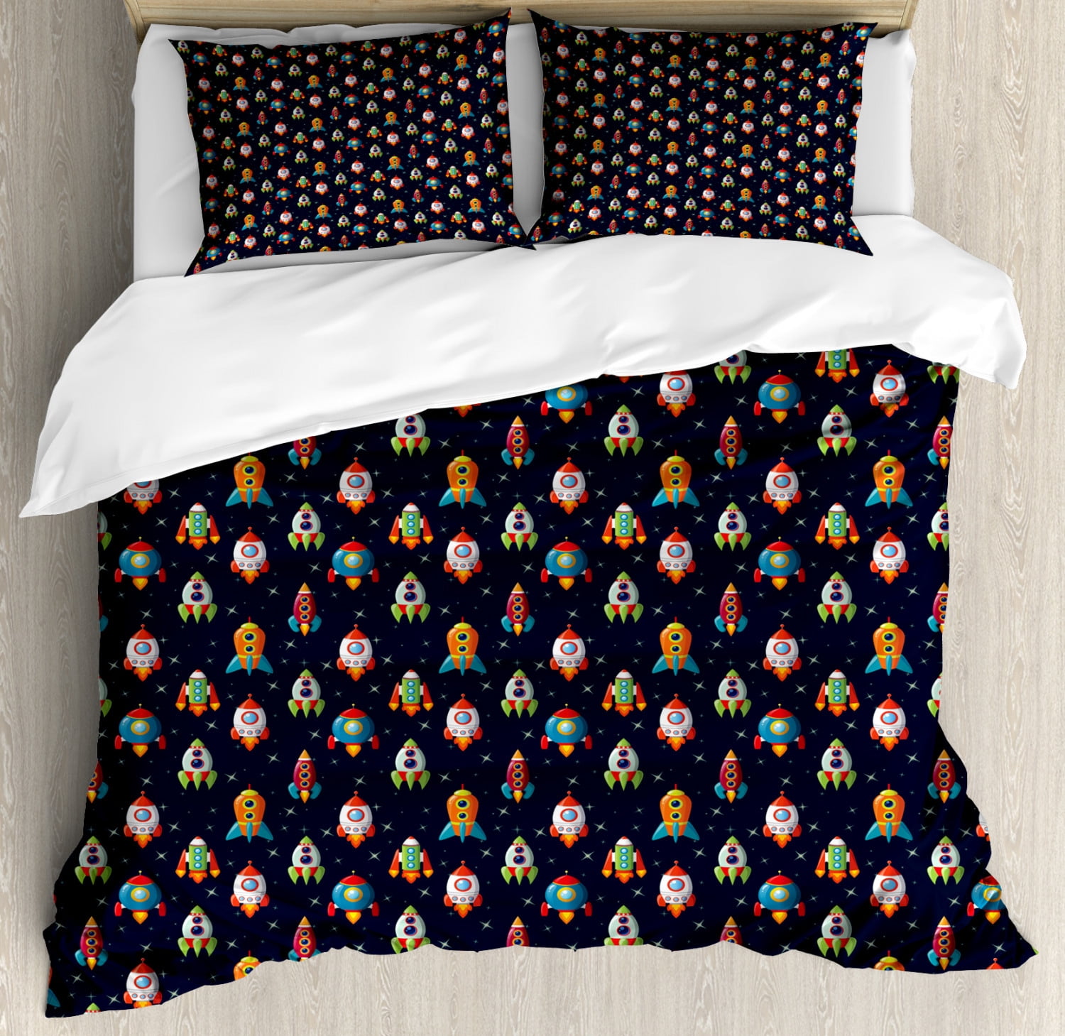 Spaceship Duvet Cover Set Queen Size, Cartoon Style Space Crafts Flying ...