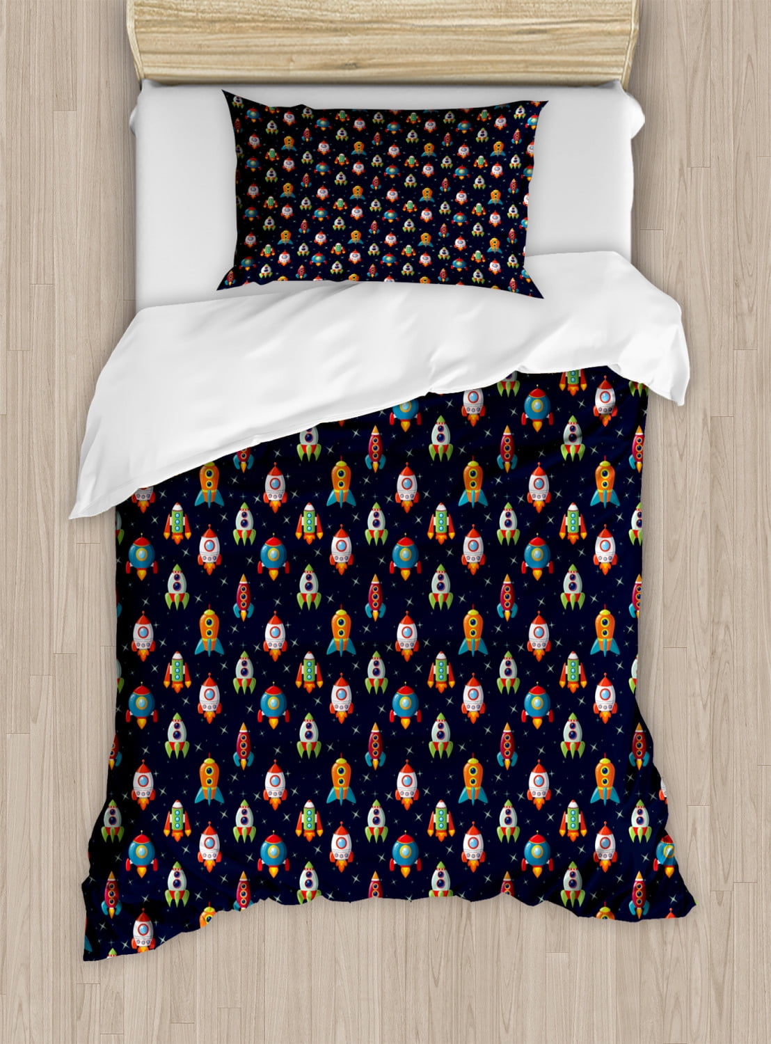 Spaceship Duvet Cover Set Twin Size, Cartoon Style Space Crafts Flying ...