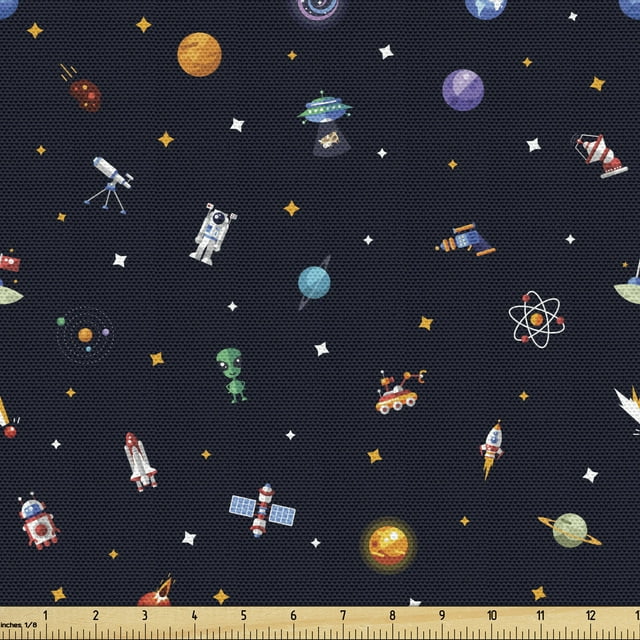 Ambesonne Spaceship Fabric by the Yard Upholstery, Stars Aliens Planets ...