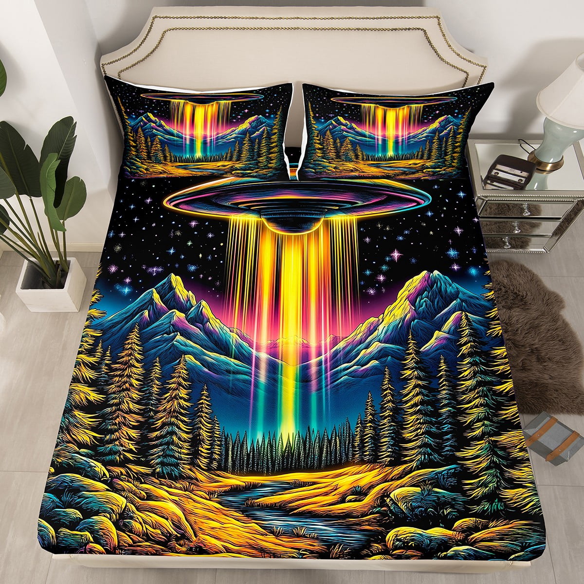 Spaceship Fitted Sheet,Planet Outer Space Queen Bed Sheets Galaxy ...