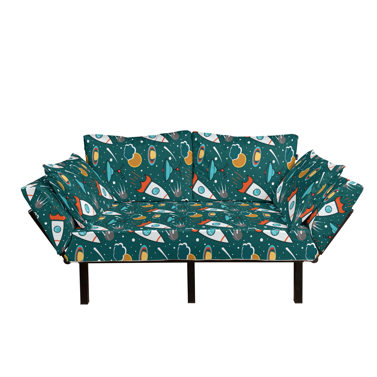 Spaceship Futon Couch, Outer Space Cartoon with Dotted Backdrop ...
