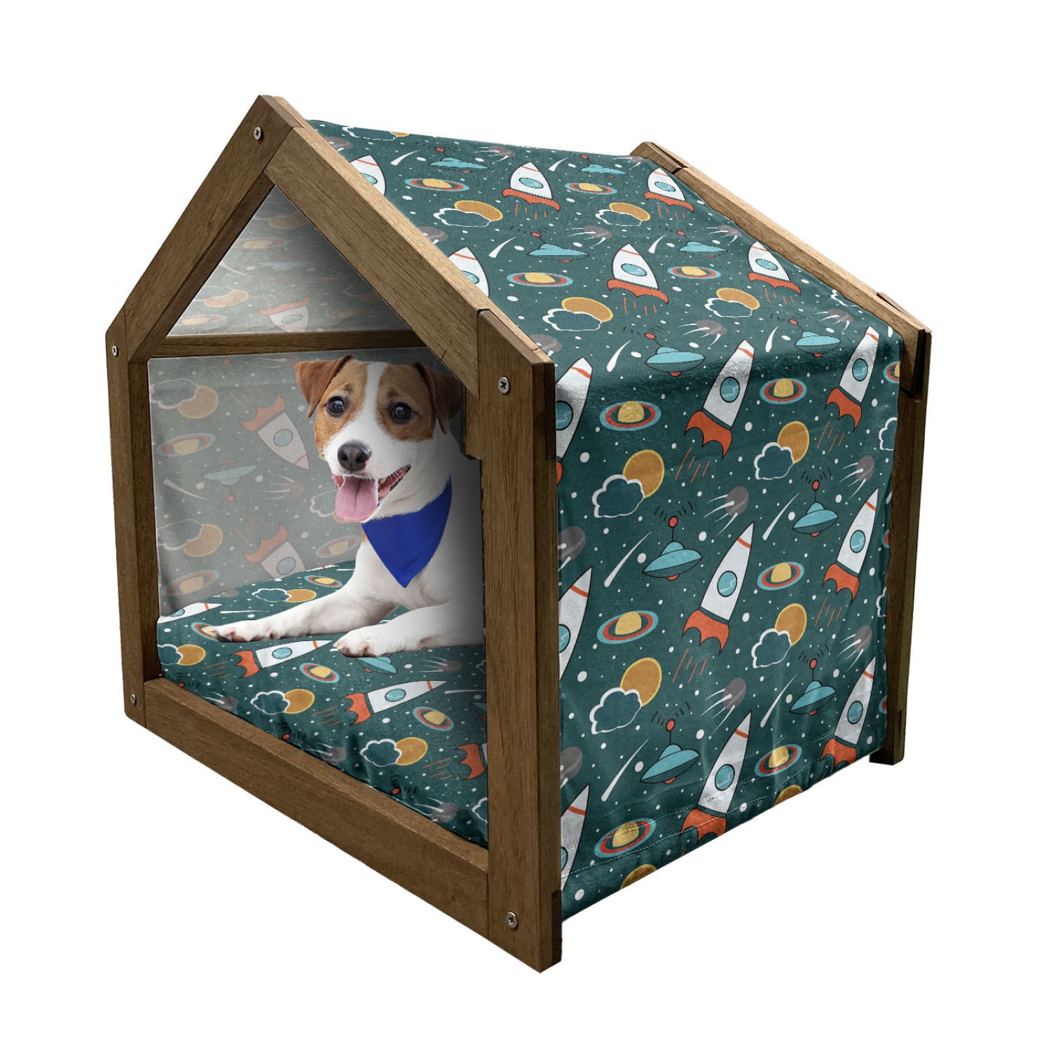 Spaceship Pet House, Outer Space Cartoon with Dotted Backdrop ...