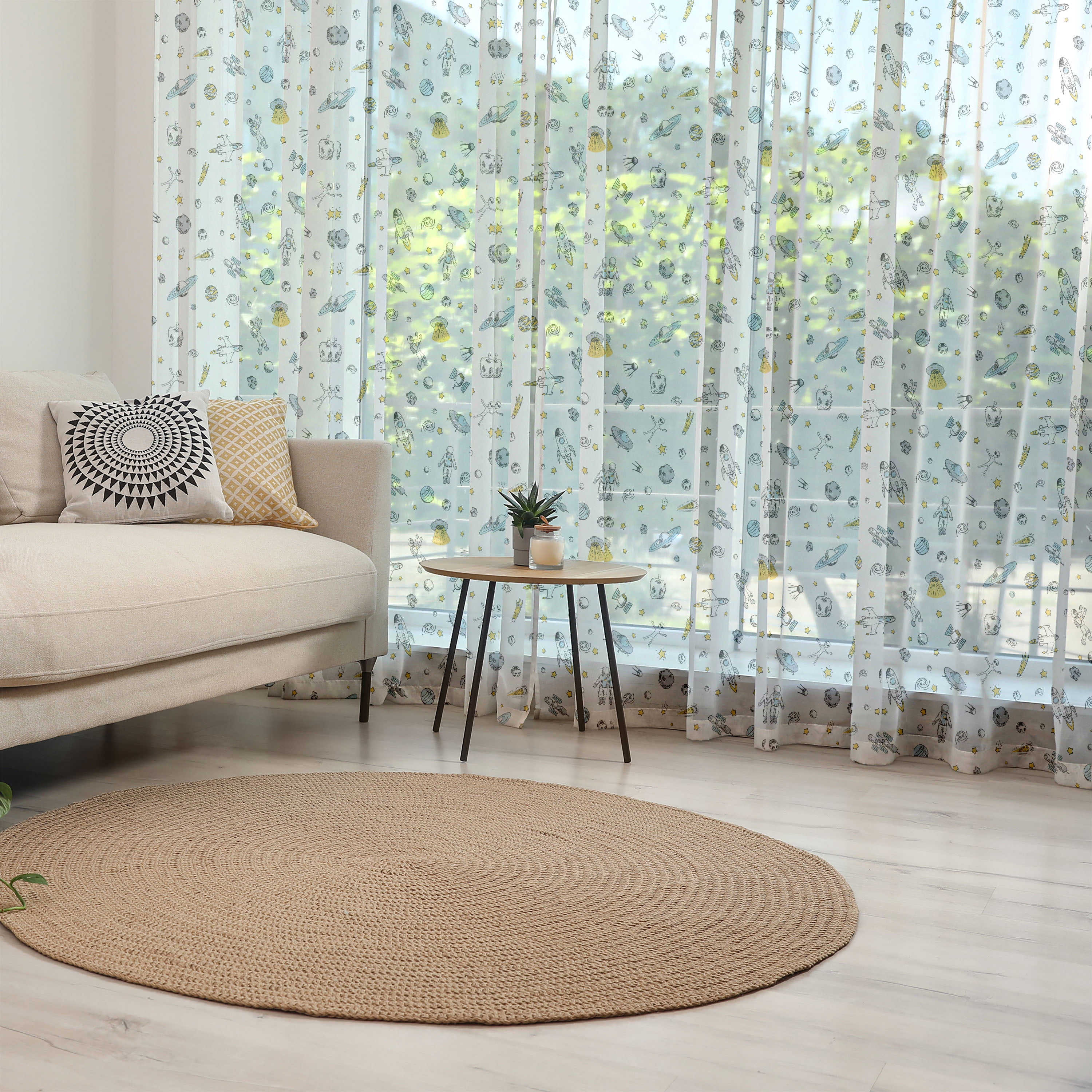 Spaceship Tulle Curtains with Rod Pocket, Doodle Style Cosmonaut Black Hole Satellite and ...