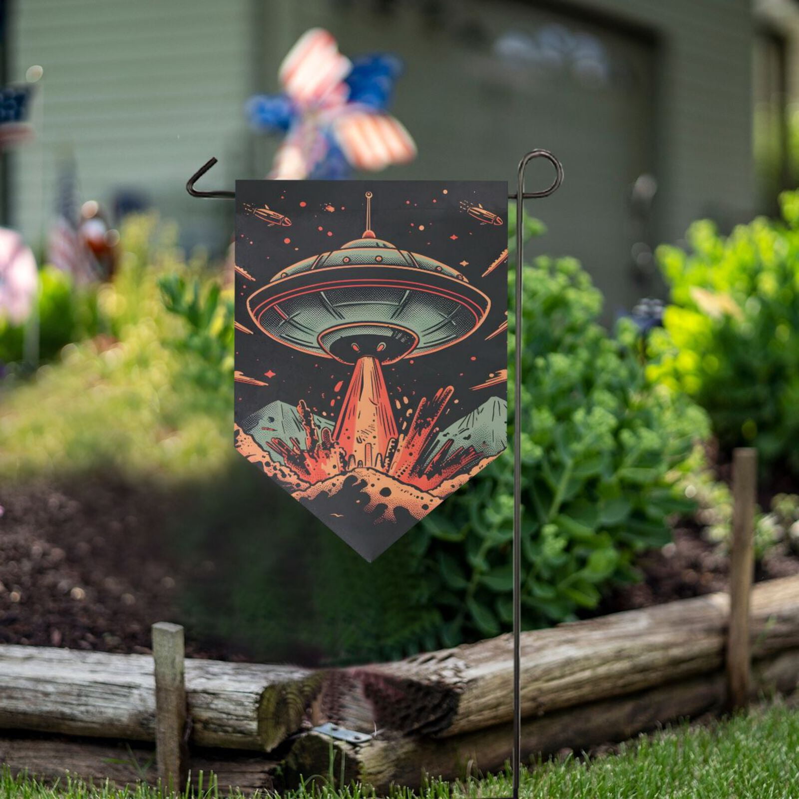 Spaceship Volcanos Garden Flag 18" x 12.5" Double Sided Yard Lawn ...