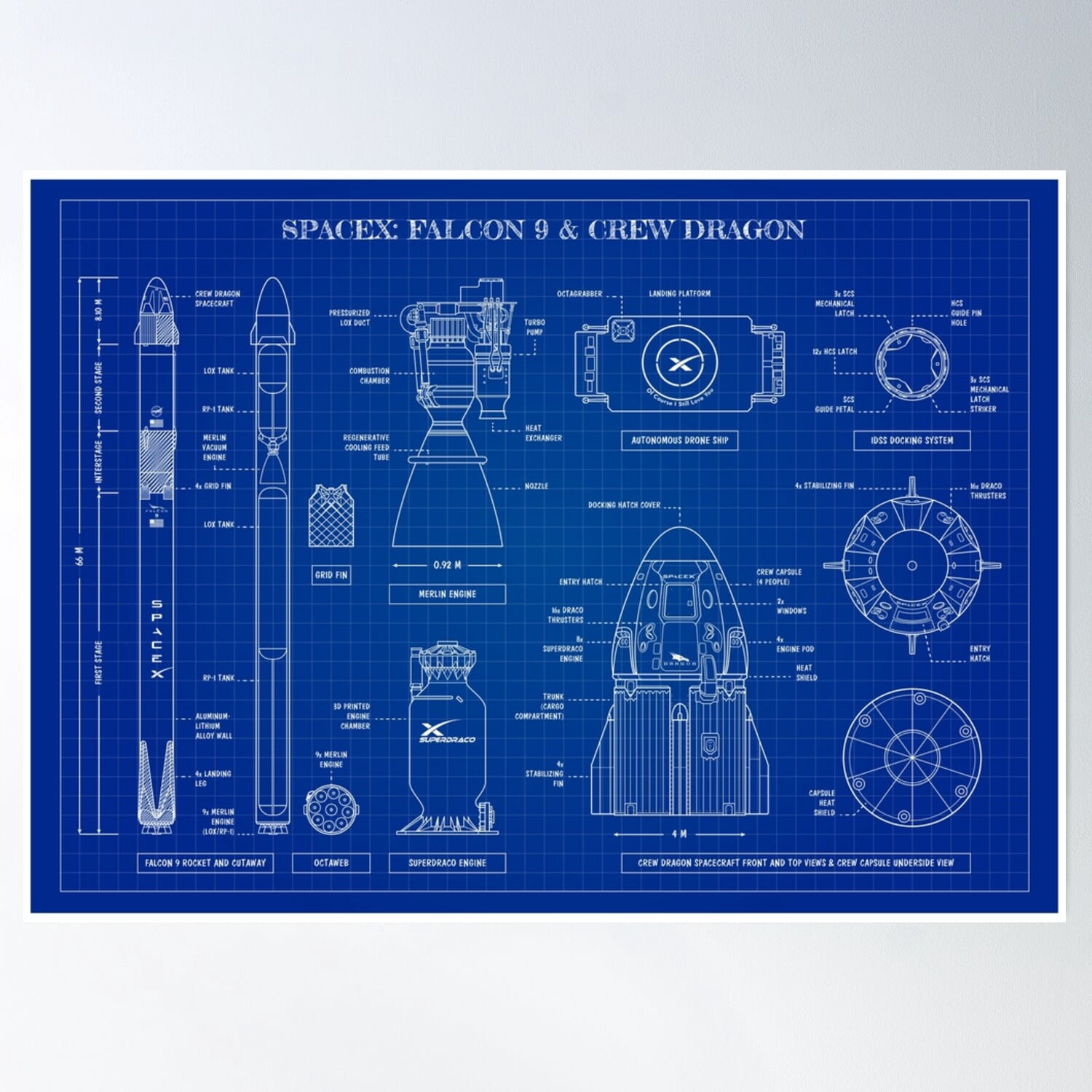 Spacex: Falcon 9 And Crew Dragon (Blueprint) Poster Wall Art, Modern ...