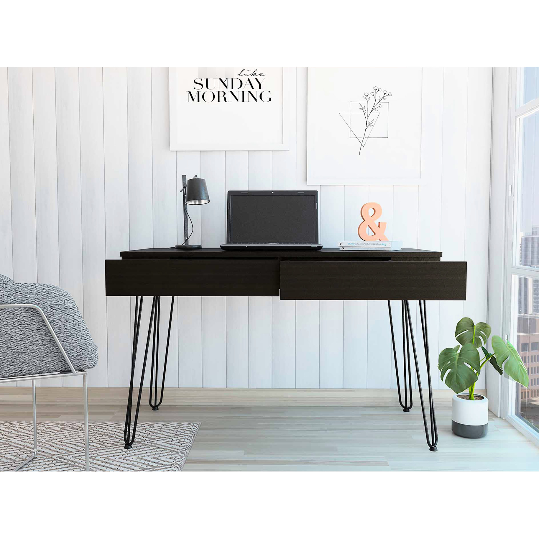 Spacious 2 Desk In Black With Robust Hairpin Leg Structure Foundation ...