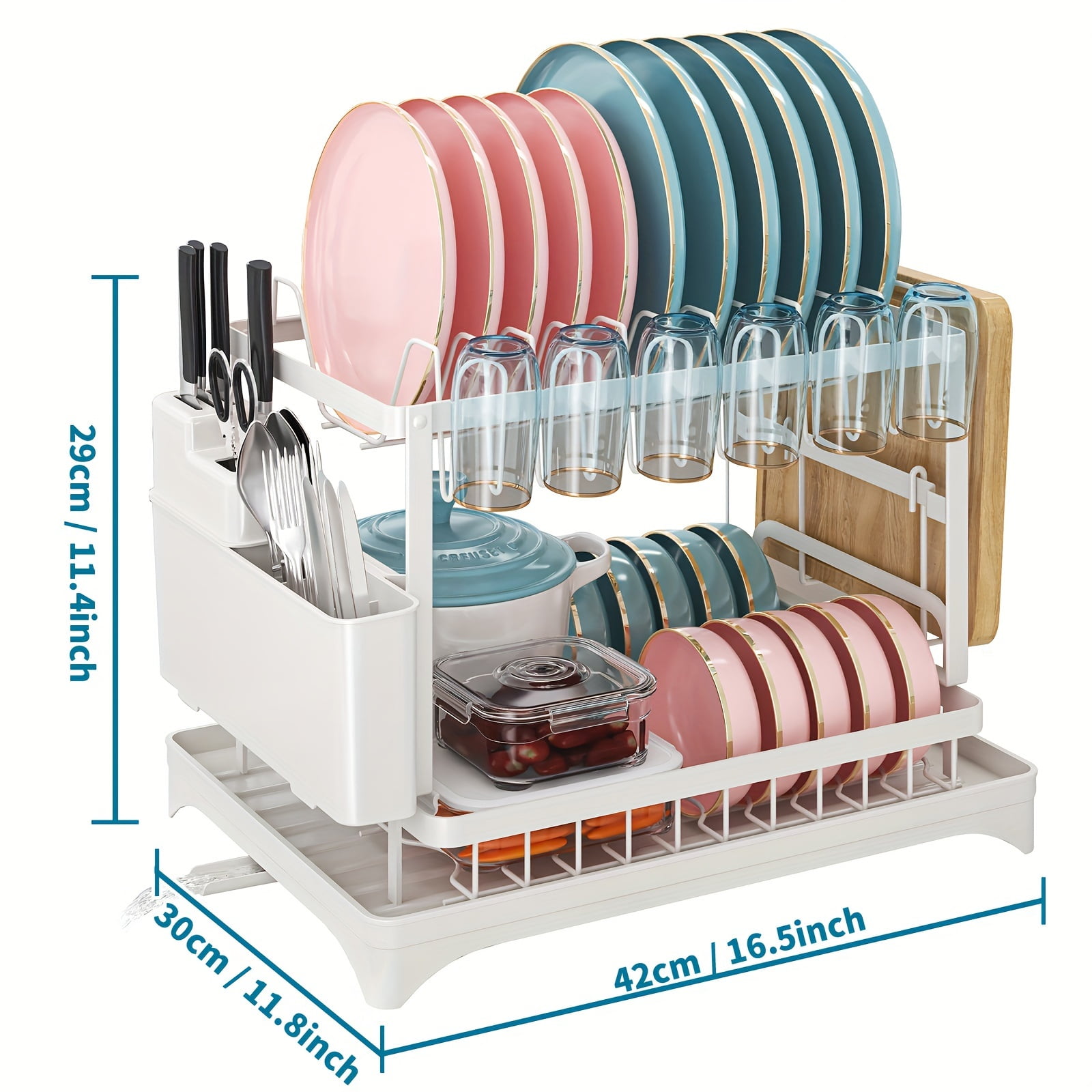 Spacious 2-Tier White Dish Rack with Blue Accents - Multipurpose ...