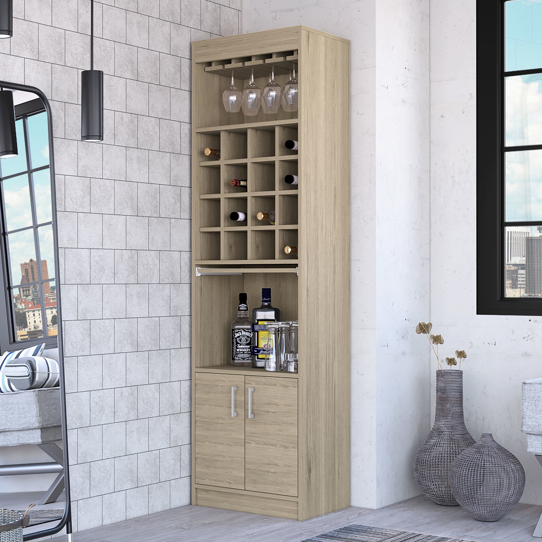Spacious Bar Cabinet with Adjustable Shelf+16-Bottle Storage"-"Wine ...