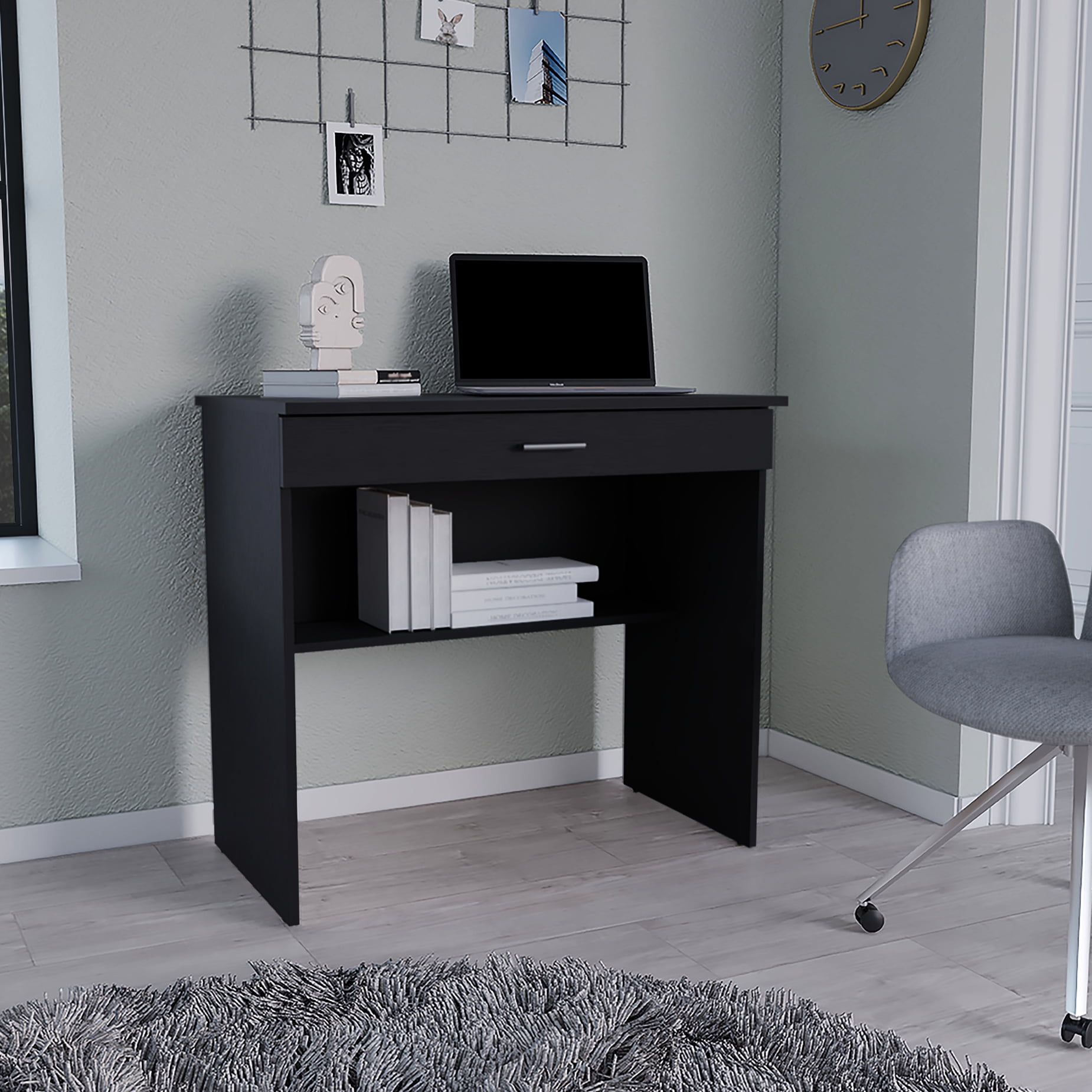 Spacious Black Work Desk With Character And Shelf Flair Convenient ...