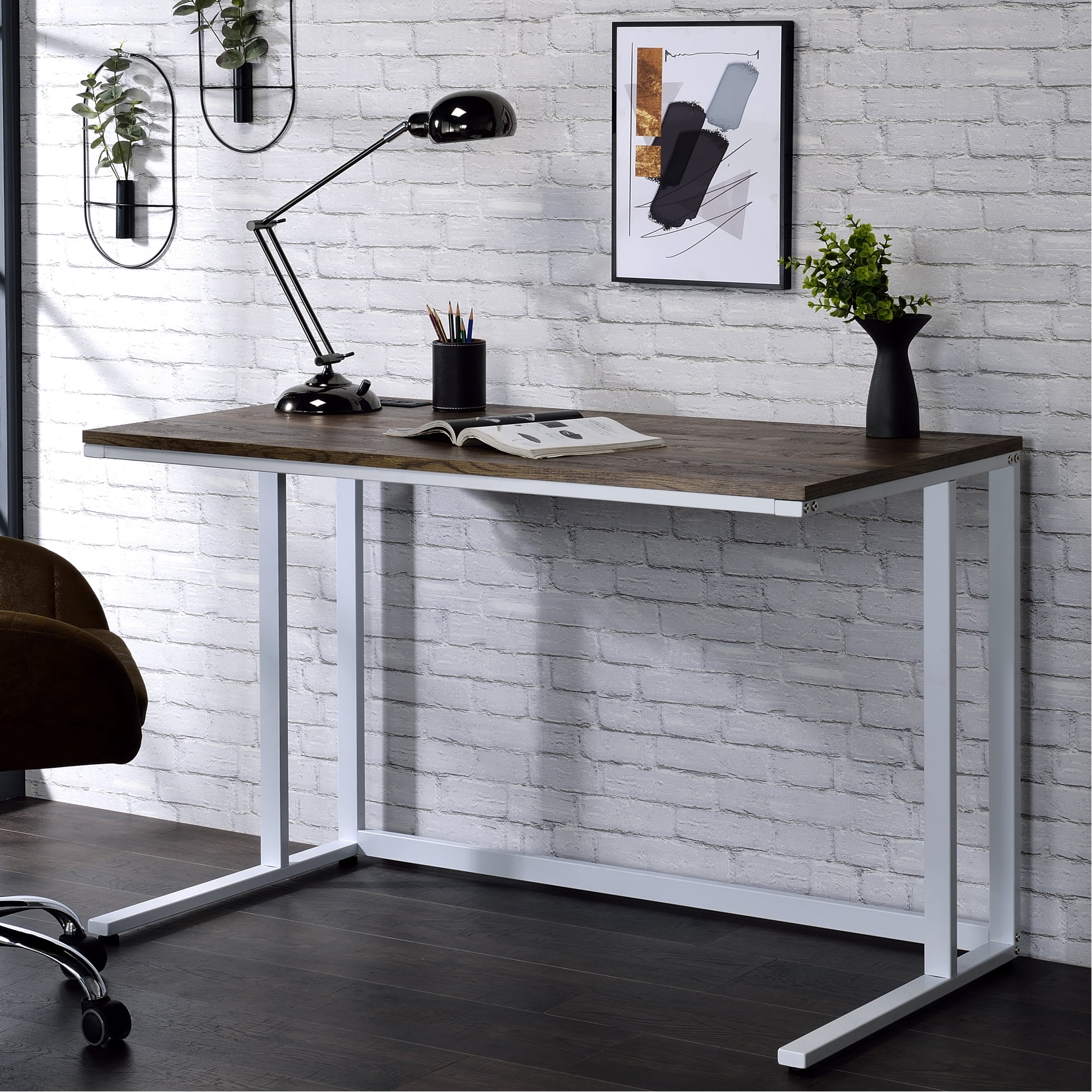 Spacious Desk In Walnut And White With Port For Efficient Workflow ...