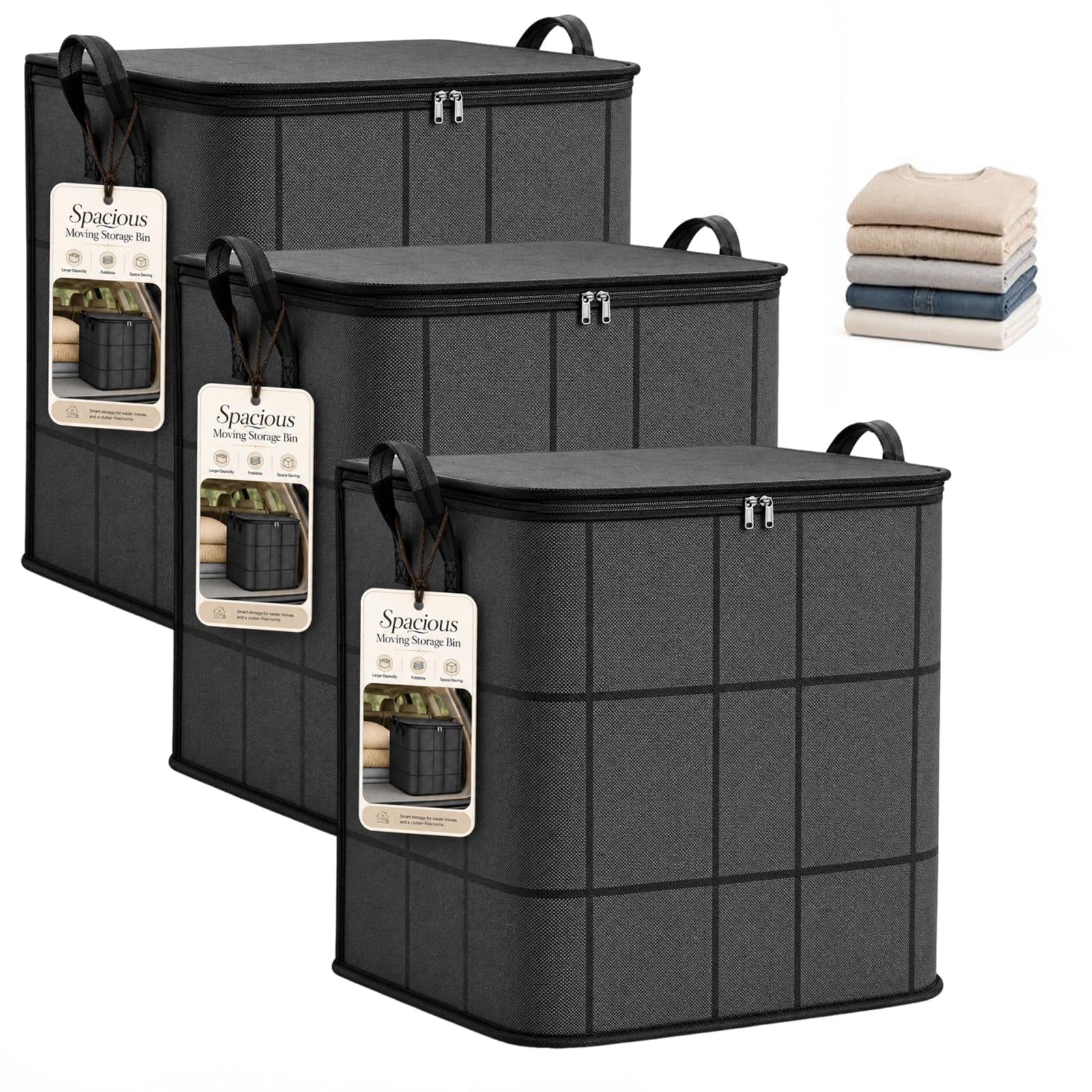 Spacious Foldable Moving Storage Bin with Zipper and Handles, Three ...