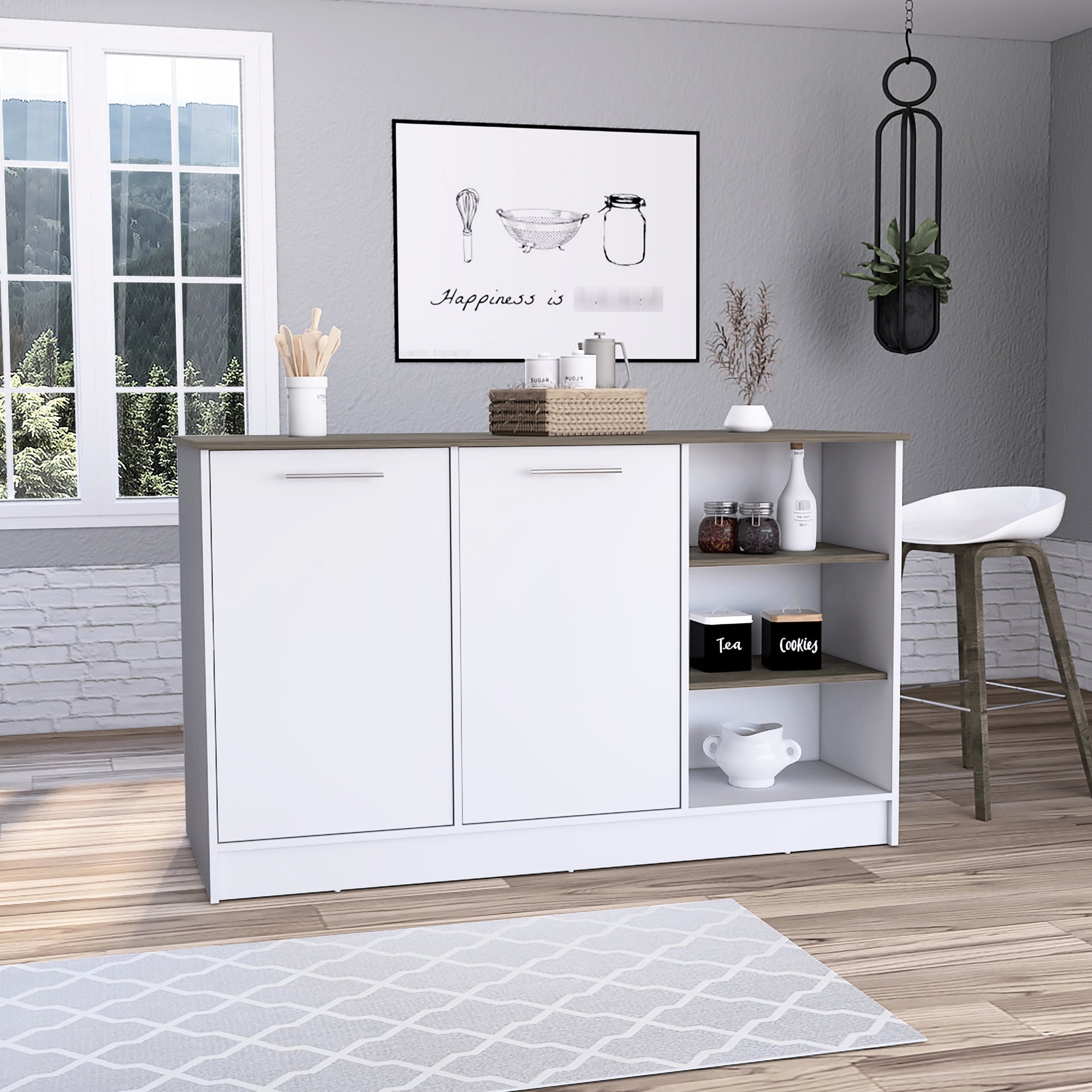 Spacious Ginger Kitchen Island With Three Open Shelf Areas And Two ...