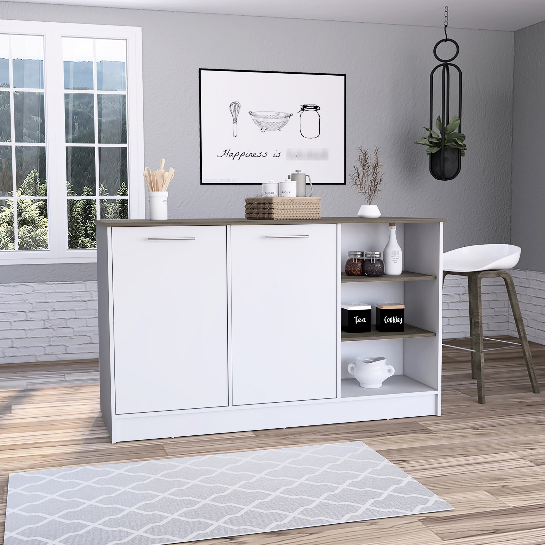 Spacious Ginger Kitchen Island With Three Open Shelf Areas And Two ...