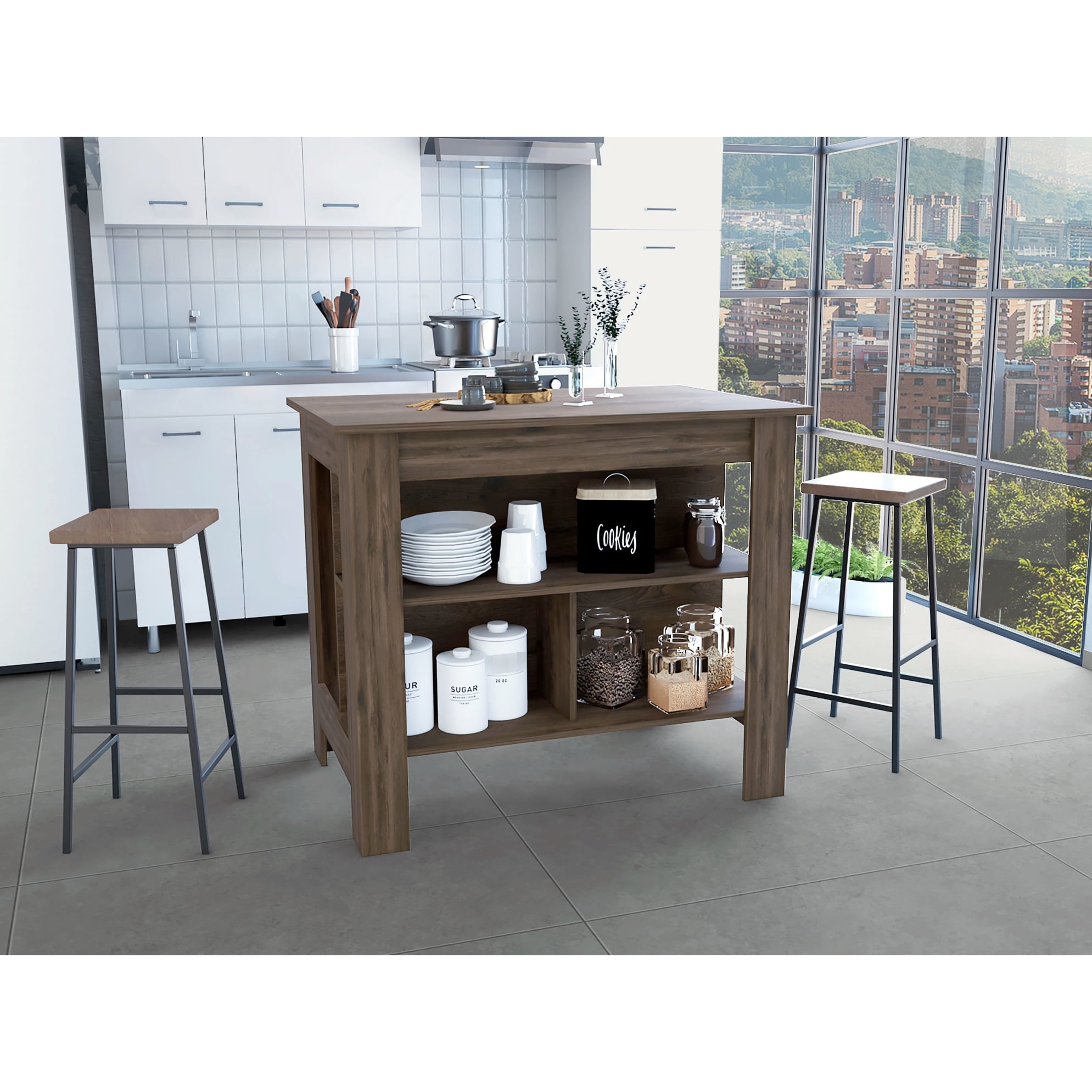Spacious Kitchen Island In Dark Brown, Four Legs And Three Shelves ...