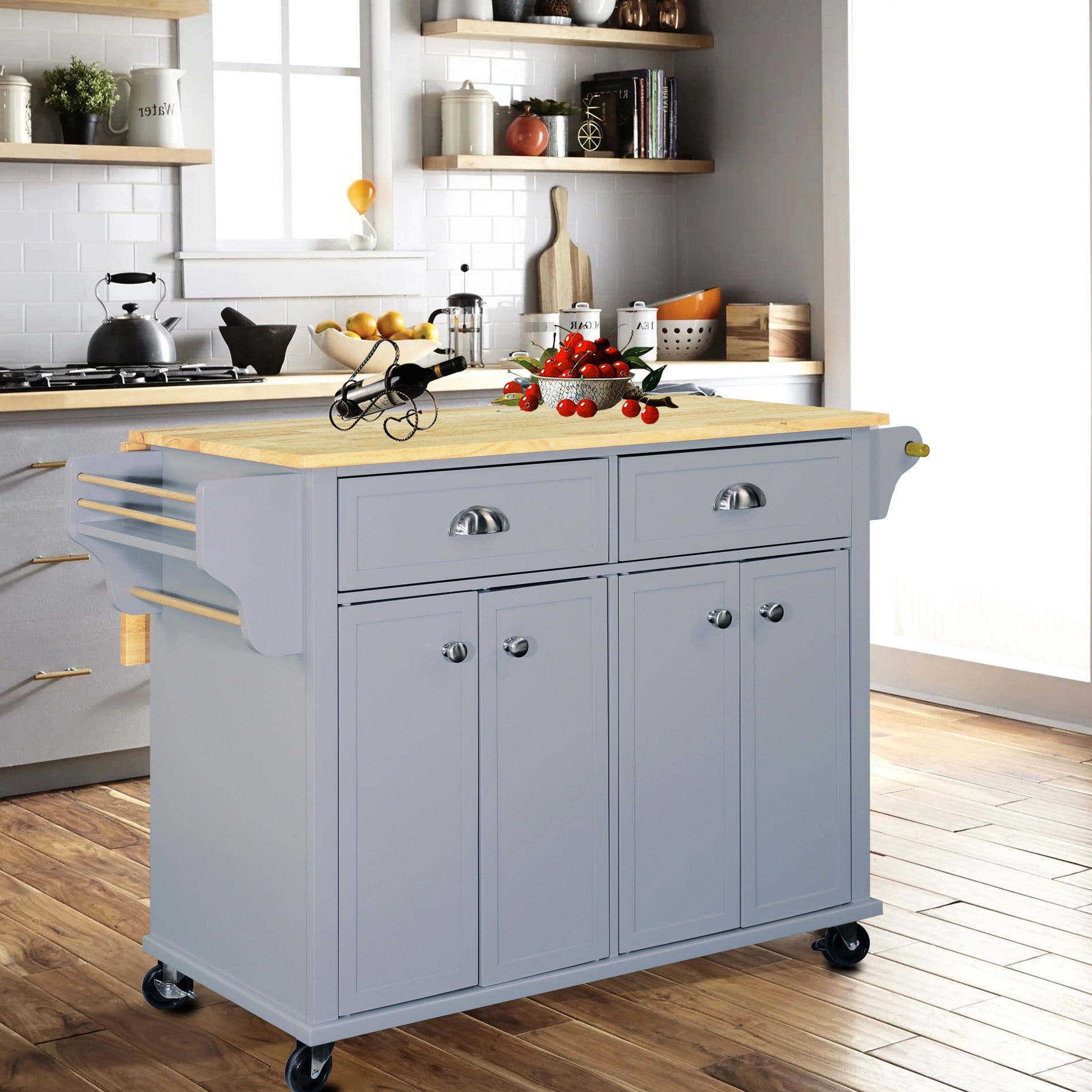 Spacious Kitchen Island With Natural Wood Surface - Gray Storage ...