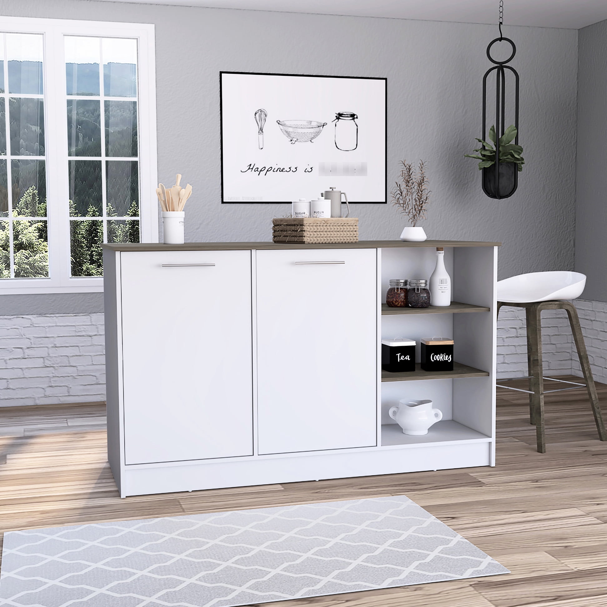 Spacious Kitchen Island With Three Open Shelves And Two Concealed ...