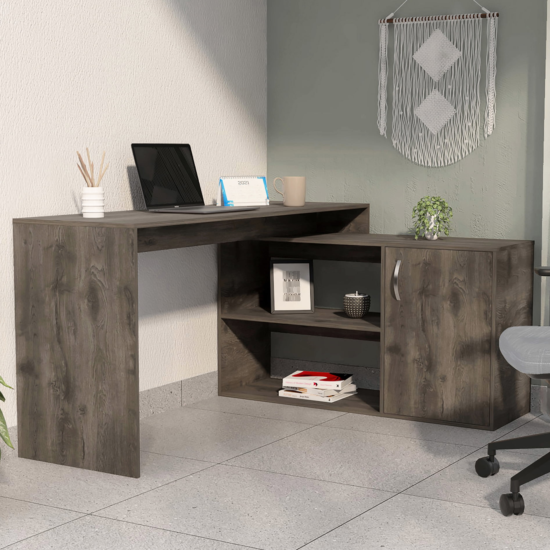 Spacious L-shaped Dark Brown Desk For Productive Office Operations With Practical Storage ...