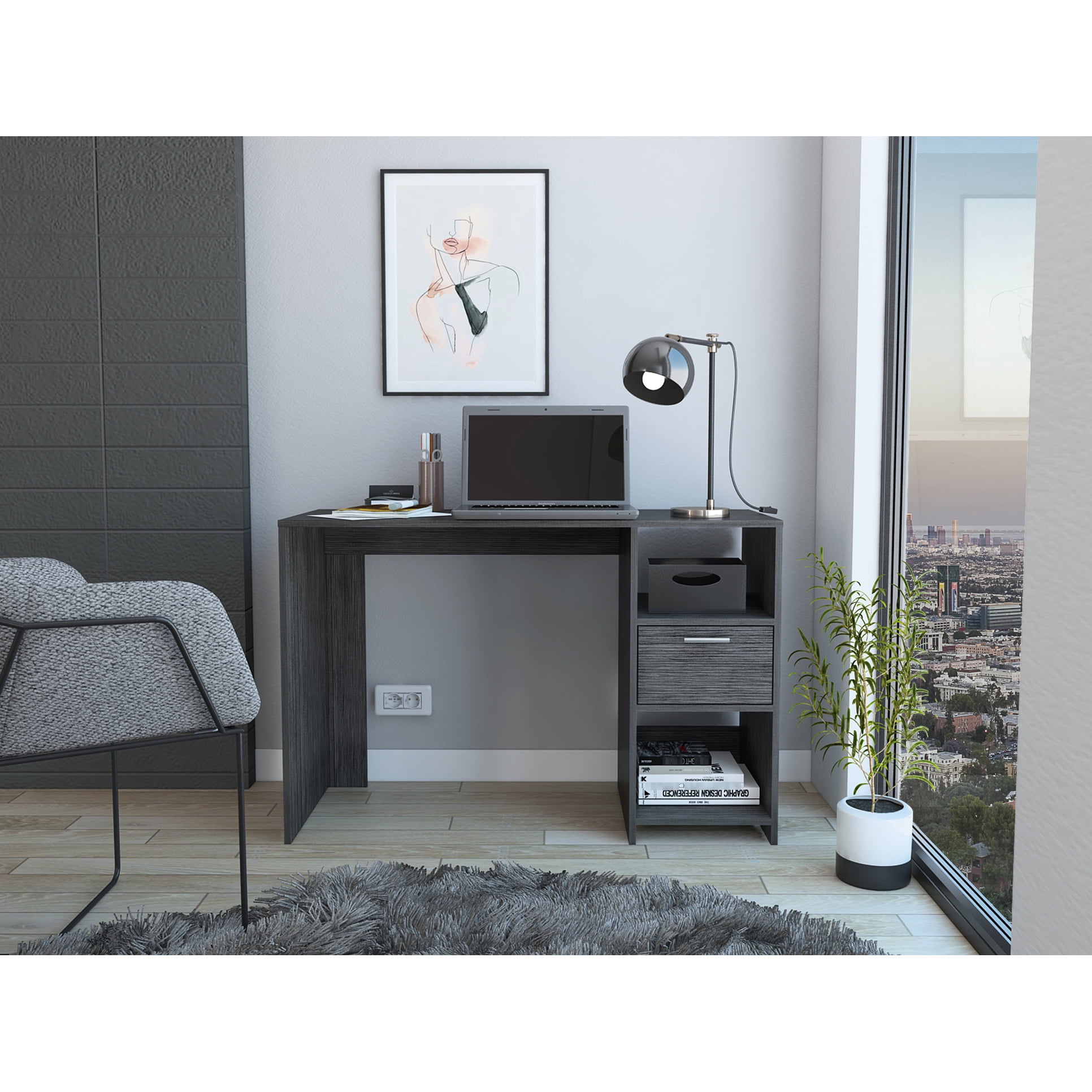 Spacious Office Desk With Drawer And Two Shelves, Gray Color ...