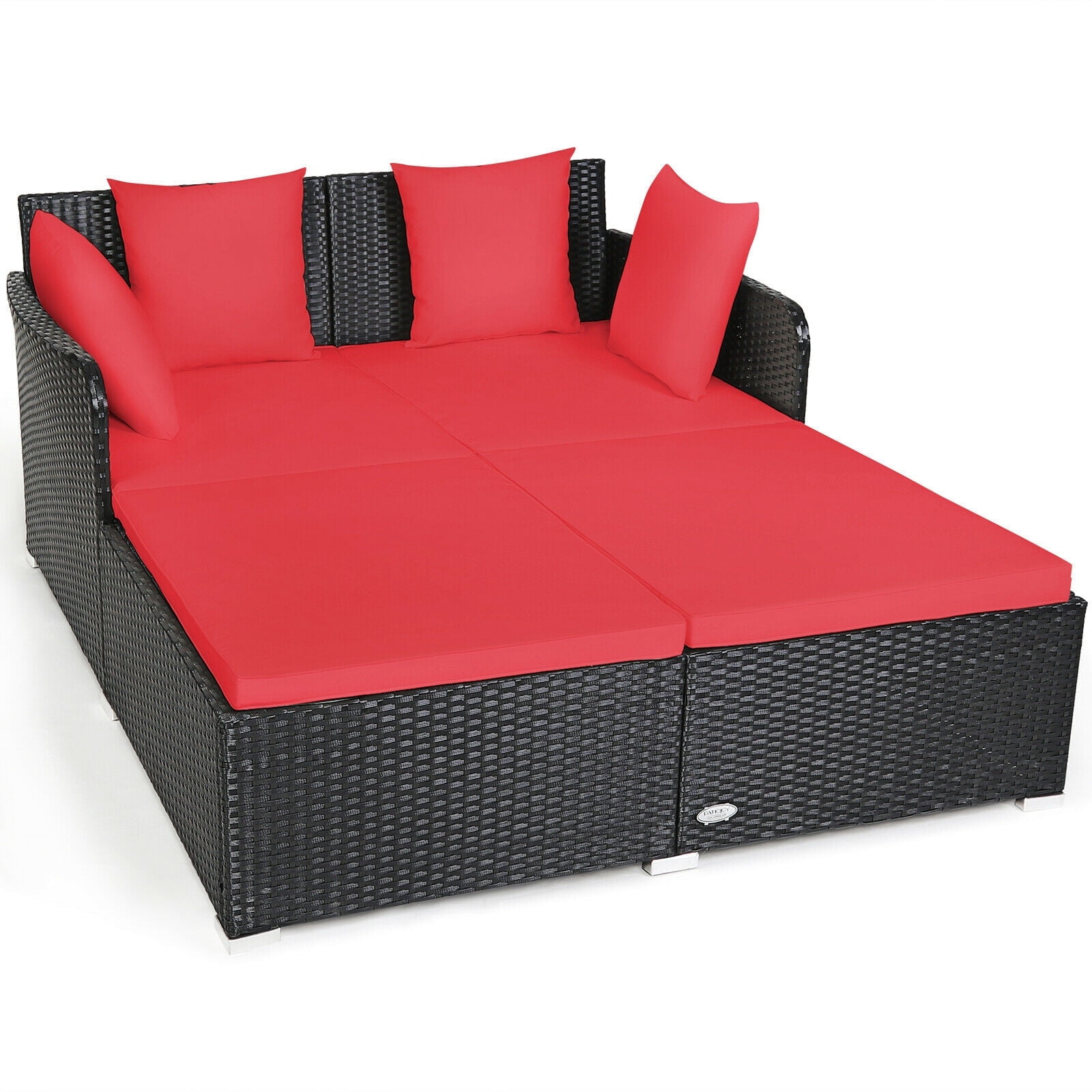 Spacious Outdoor Rattan Daybed with Upholstered Cushions and Pillows ...