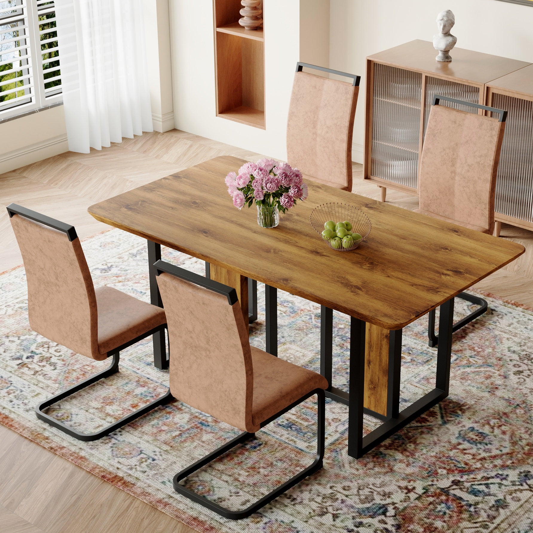 Spacious Wood-Textured Dining Set | 4 Brown Chairs with Ergonomic ...