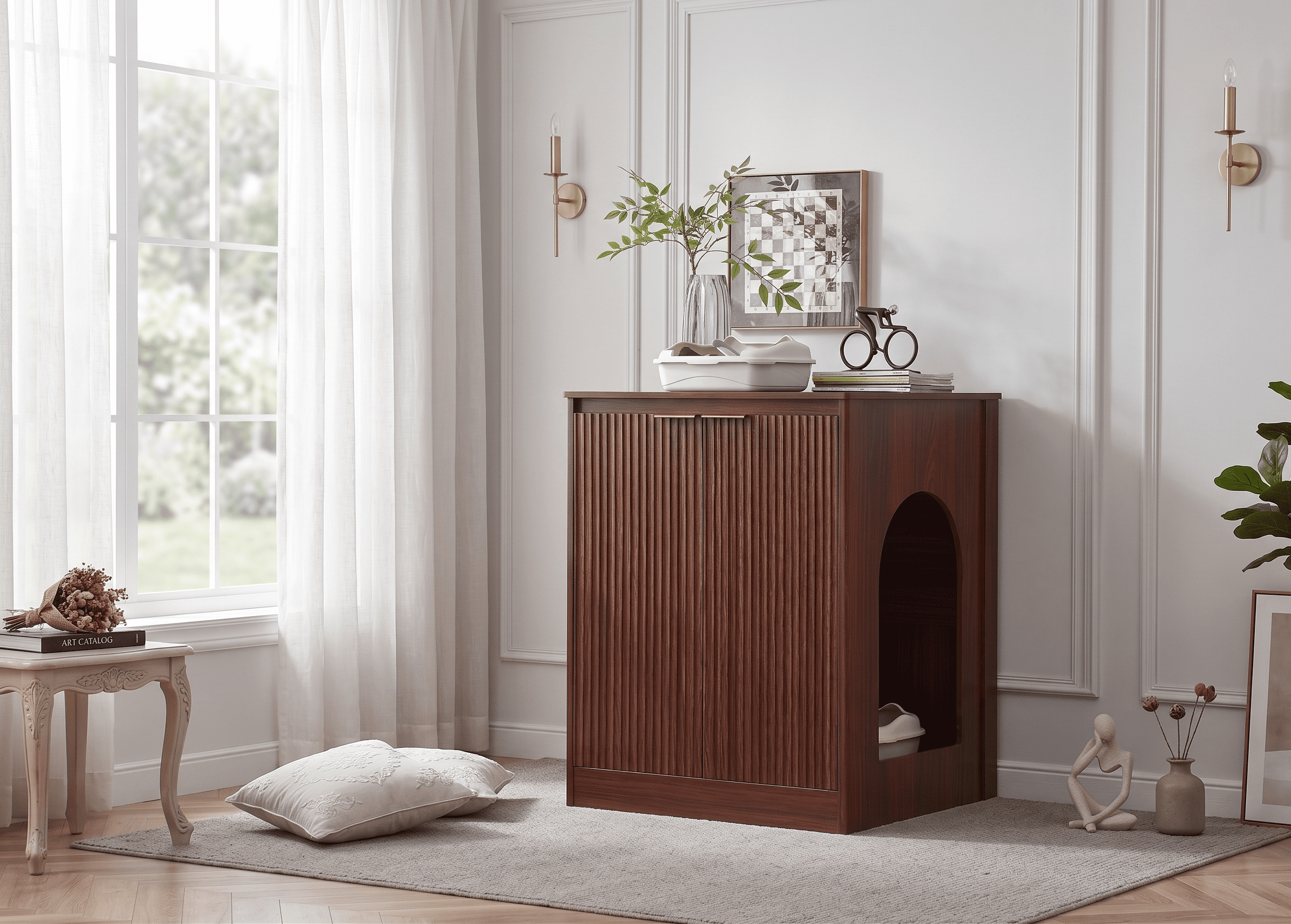 Spacious Wooden Cat Litter Cabinet with Ribbed Doors, Compatible with ...