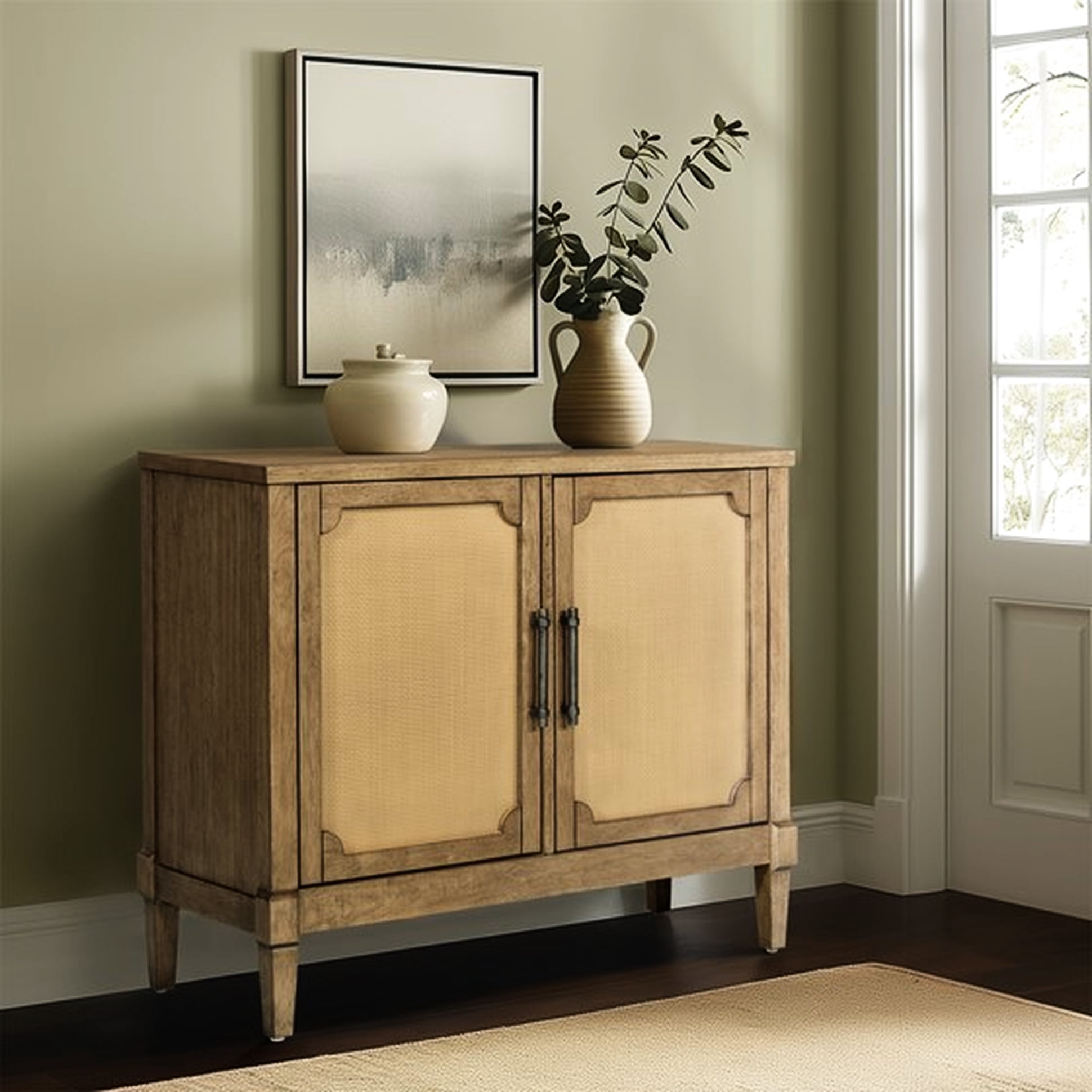 Spacious Woven Cane Storage Cabinet With Finish Handles And Fixed Shelf ...